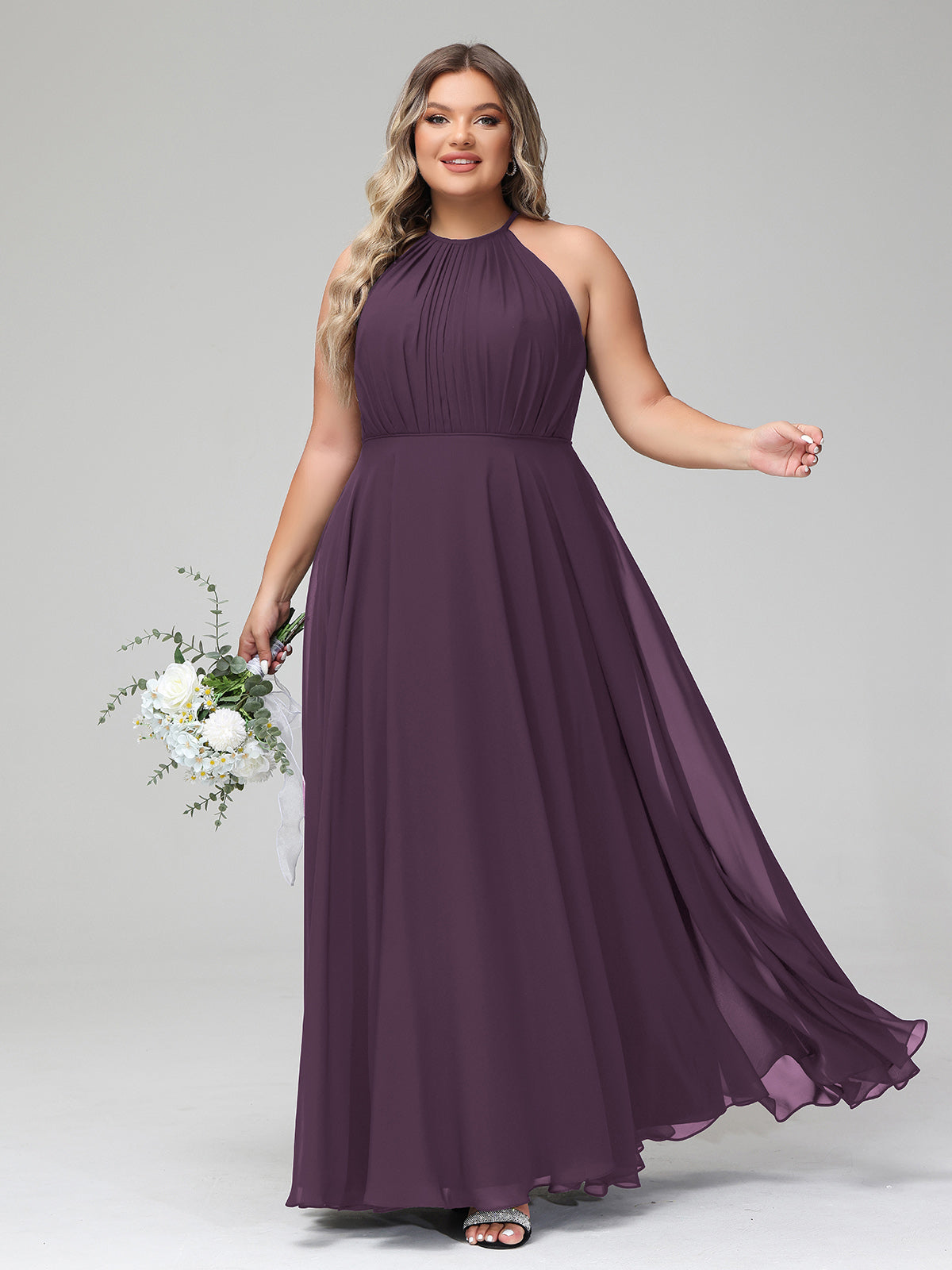 BABARONI Chiffon Plum Bridesmaid Dresses Halter Floor-length Sleeveless ...