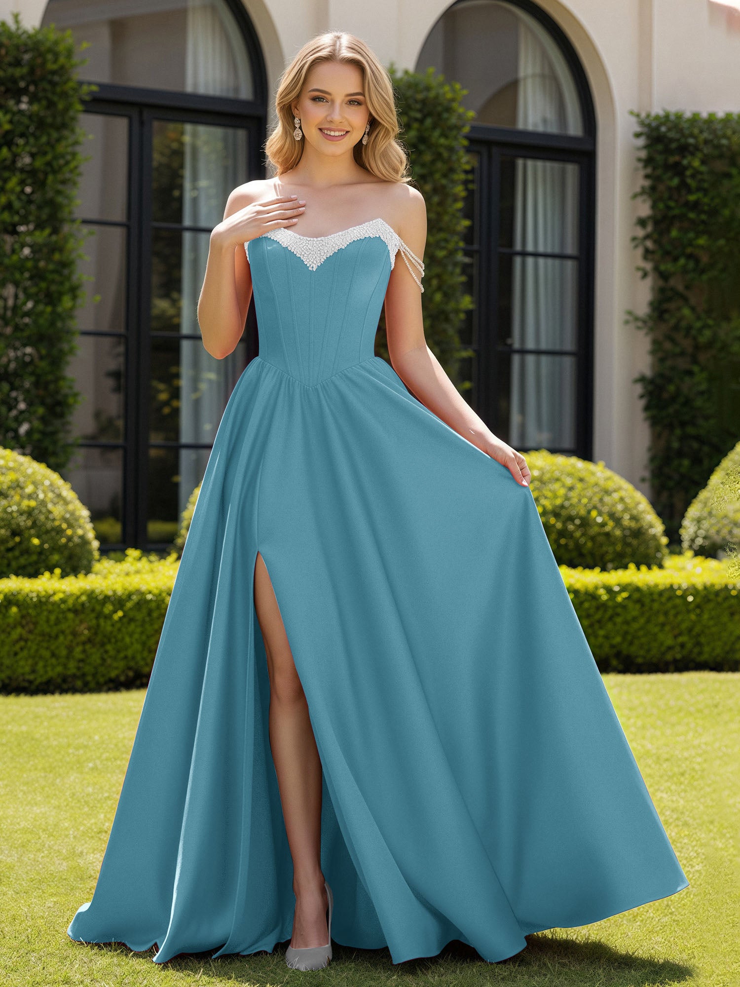 BABARONI Satin Pool Prom Dresses A-line Off-the-shoulder Beaded With ...