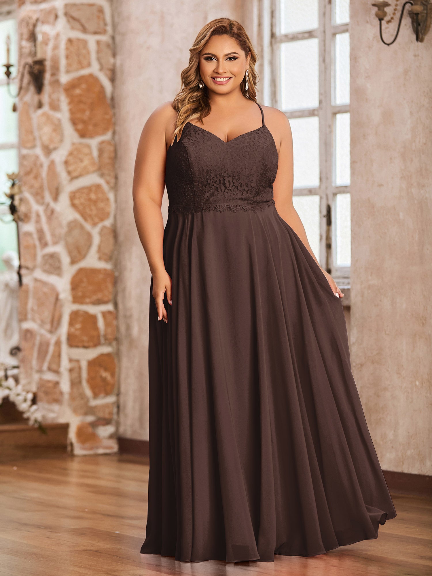 Spaghetti Strap Lace Dress with Corset Back-Chocolate Plus Size – BABARONI