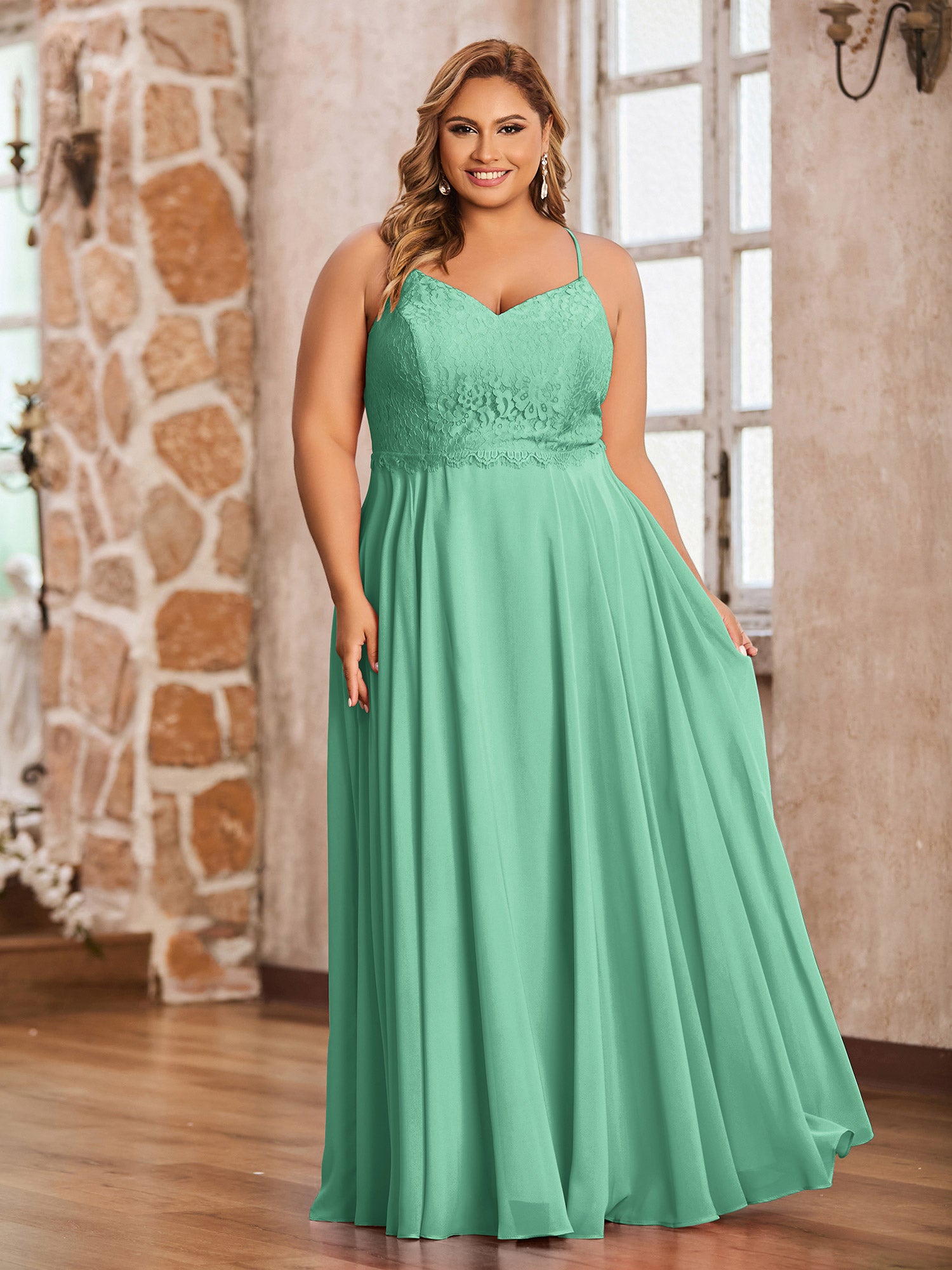 Spaghetti Strap Lace Dress with Corset Back-Turquoise Plus Size – BABARONI