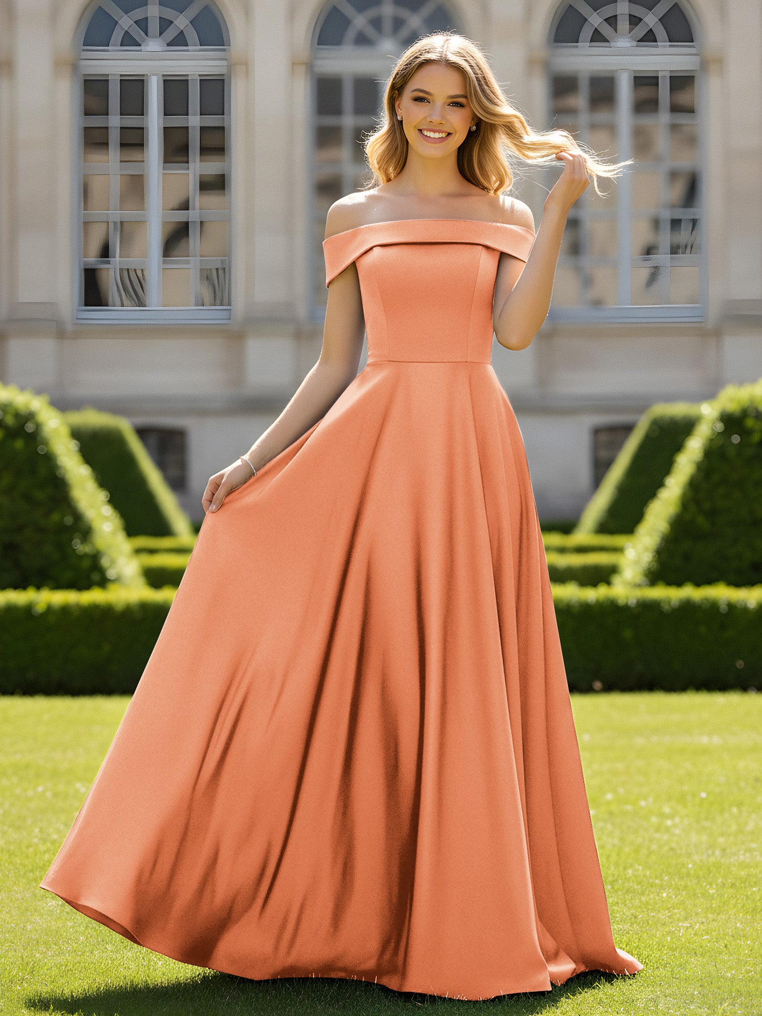 BABARONI Satin Papaya Prom Dresses A-line Off-the-shoulder Sleeveless ...