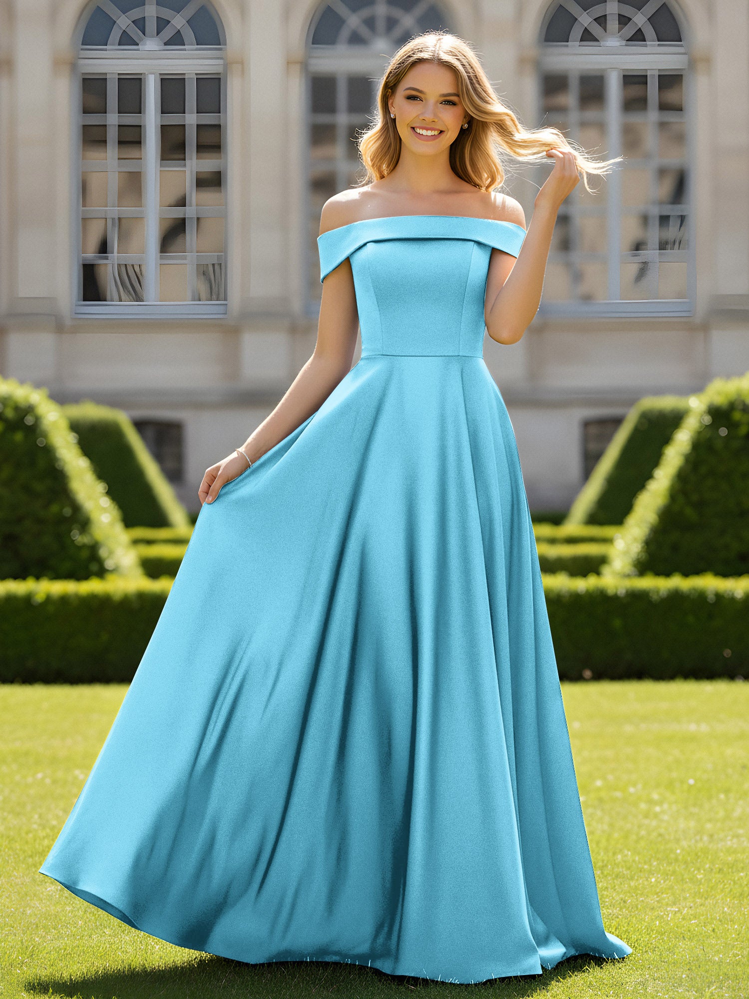 BABARONI Satin Pool Prom Dresses A-line Off-the-shoulder Sleeveless Ruched
