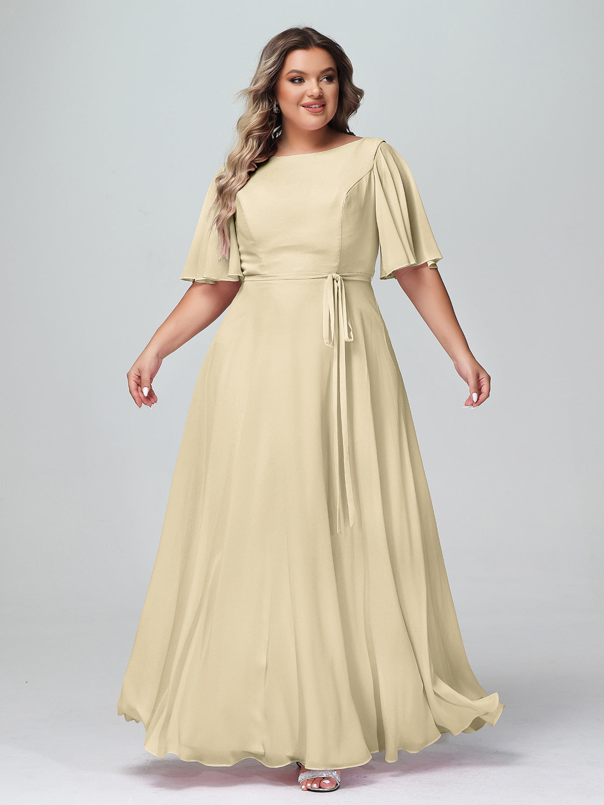 Flutter Sleeves Chiffon Max Dresses with Sash Bow-Champagne Plus Size ...