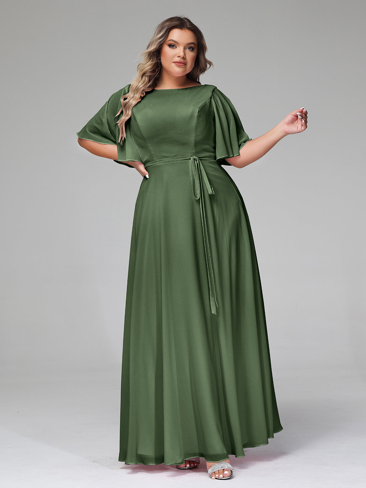 Flutter Sleeves Chiffon Max Dresses with Sash Bow-Olive Green Plus Siz ...