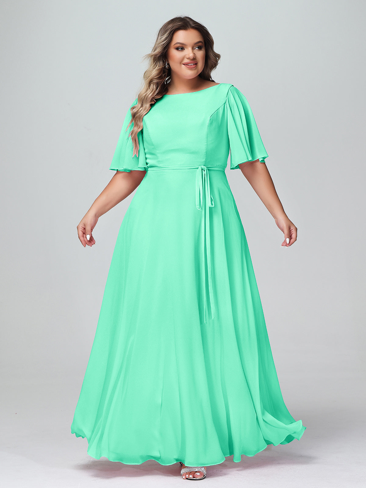 Flutter Sleeves Chiffon Max Dresses with Sash Bow-Turquoise Plus Size ...