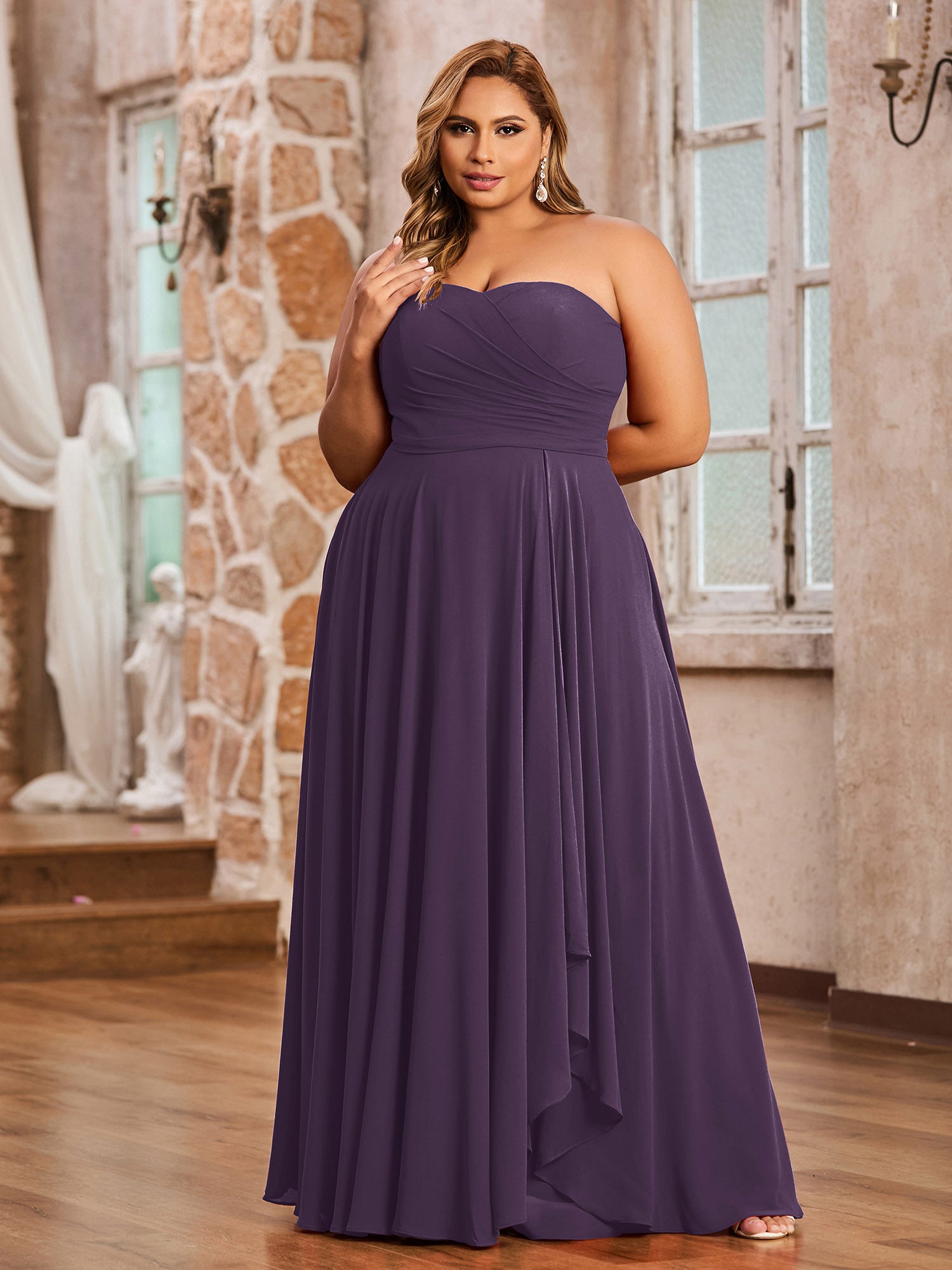 BABARONI Chiffon Plum Bridesmaid Dresses Sweetheart Floor-length ...