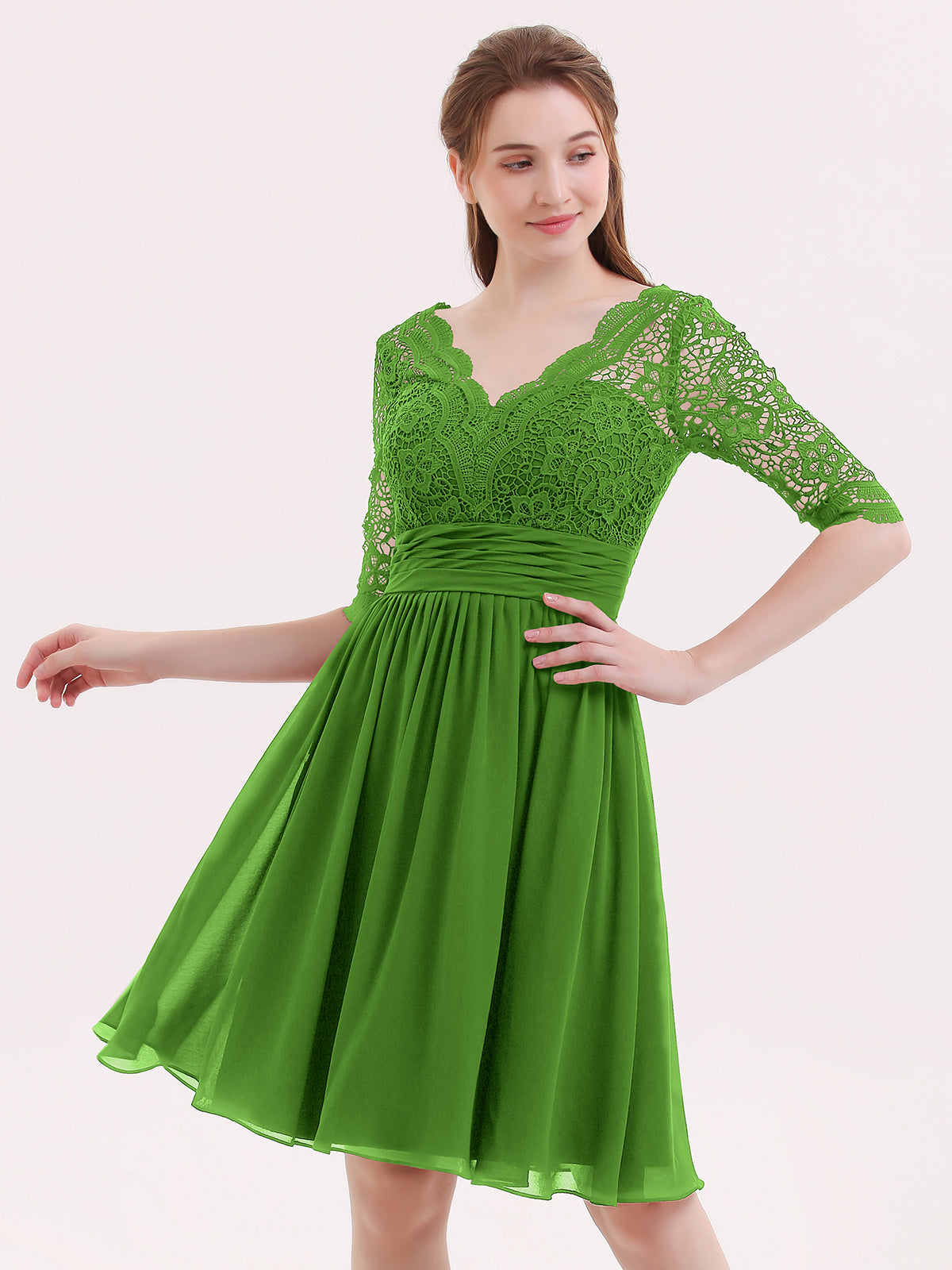 Lace and Chiffon Short Dress with Half Sleeves Moss – BABARONI