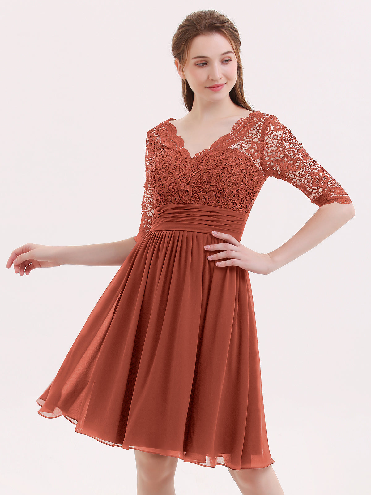 Lace and Chiffon Short Dress with Half Sleeves Rust – BABARONI