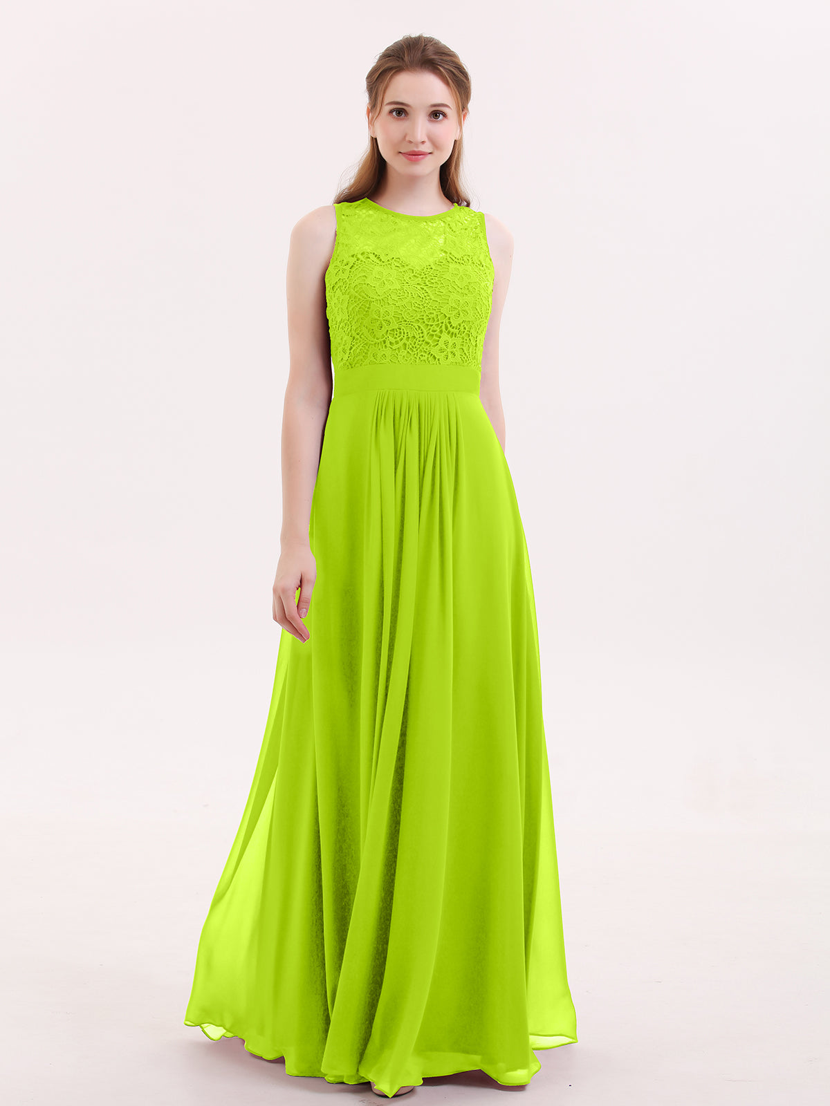 BABARONI Chiffon Lime Green Bridesmaid Dresses Illusion Floor-length ...
