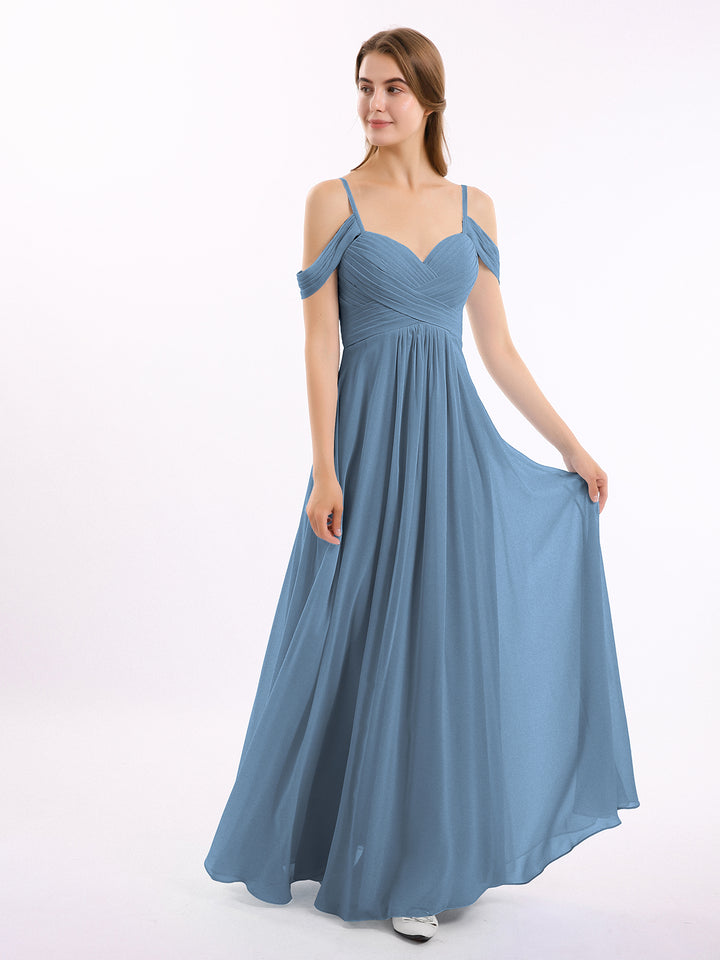 BABARONI Chiffon Slate Blue Bridesmaid Dresses Off-the-shoulder Floor ...