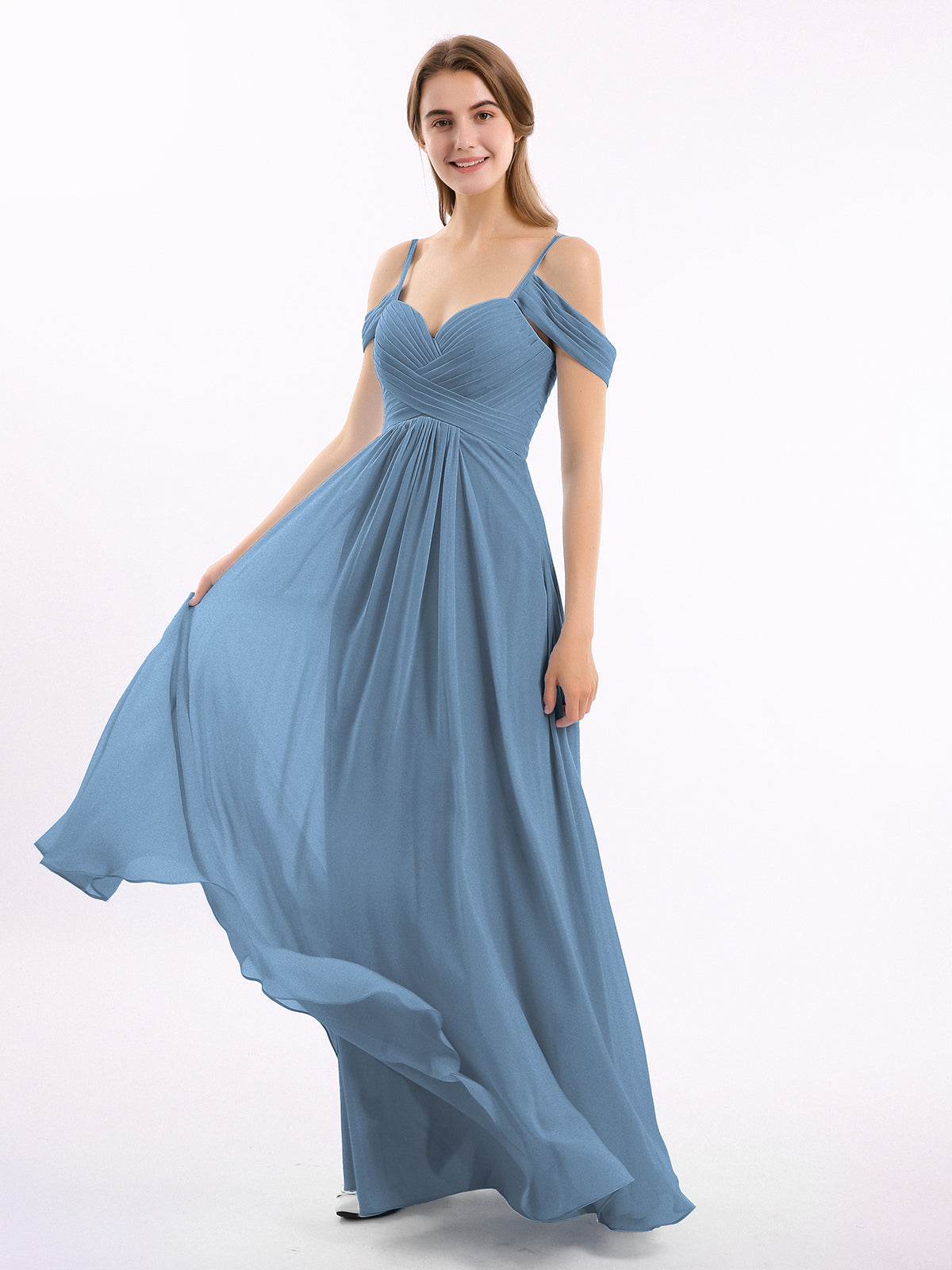 Off Shoulder Spaghetti Strap Chiffon Dresses Slate Blue – BABARONI
