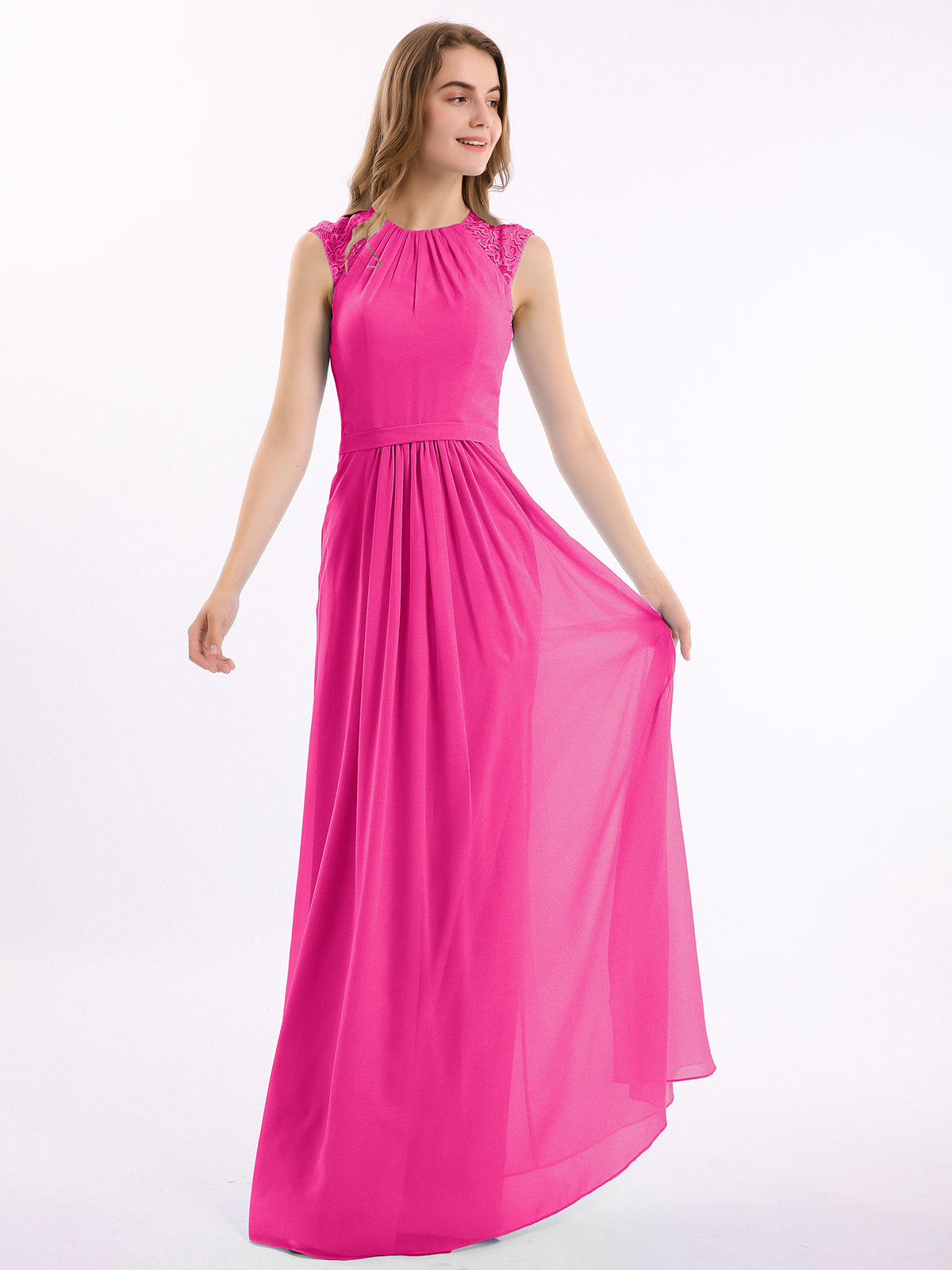 Chiffon and Lace Open Back Full Length Dress Fuchsia Plus Size – BABARONI