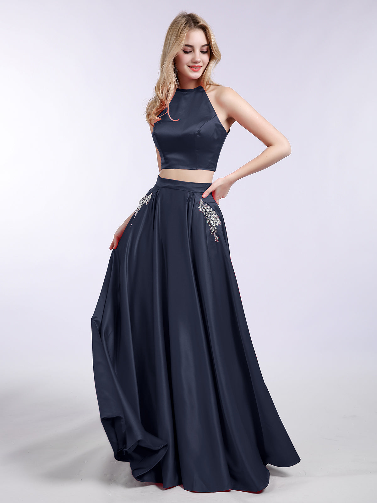 Two Piece Satin Prom Dress with Pockets Dark Navy – BABARONI