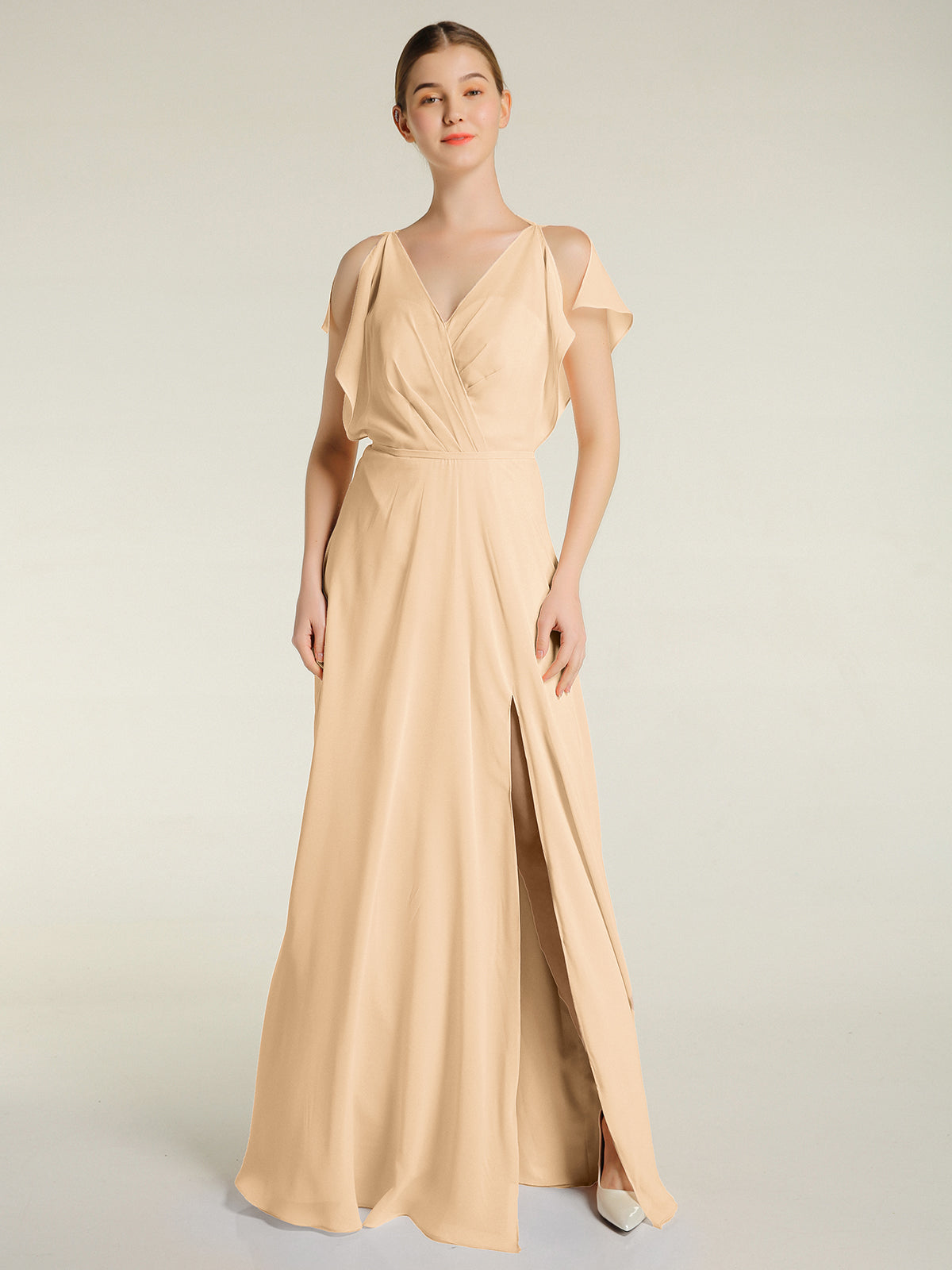 V Neckline Chiffon Maxi Dresses with Slit Peach – BABARONI