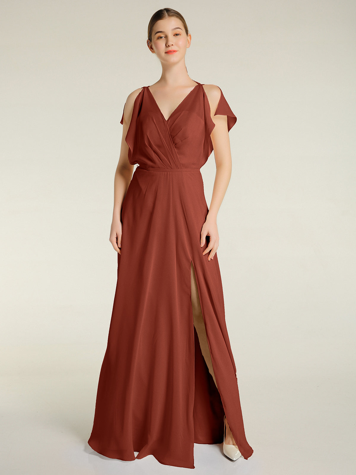V Neckline Chiffon Maxi Dresses with Slit Rust Plus Size – BABARONI