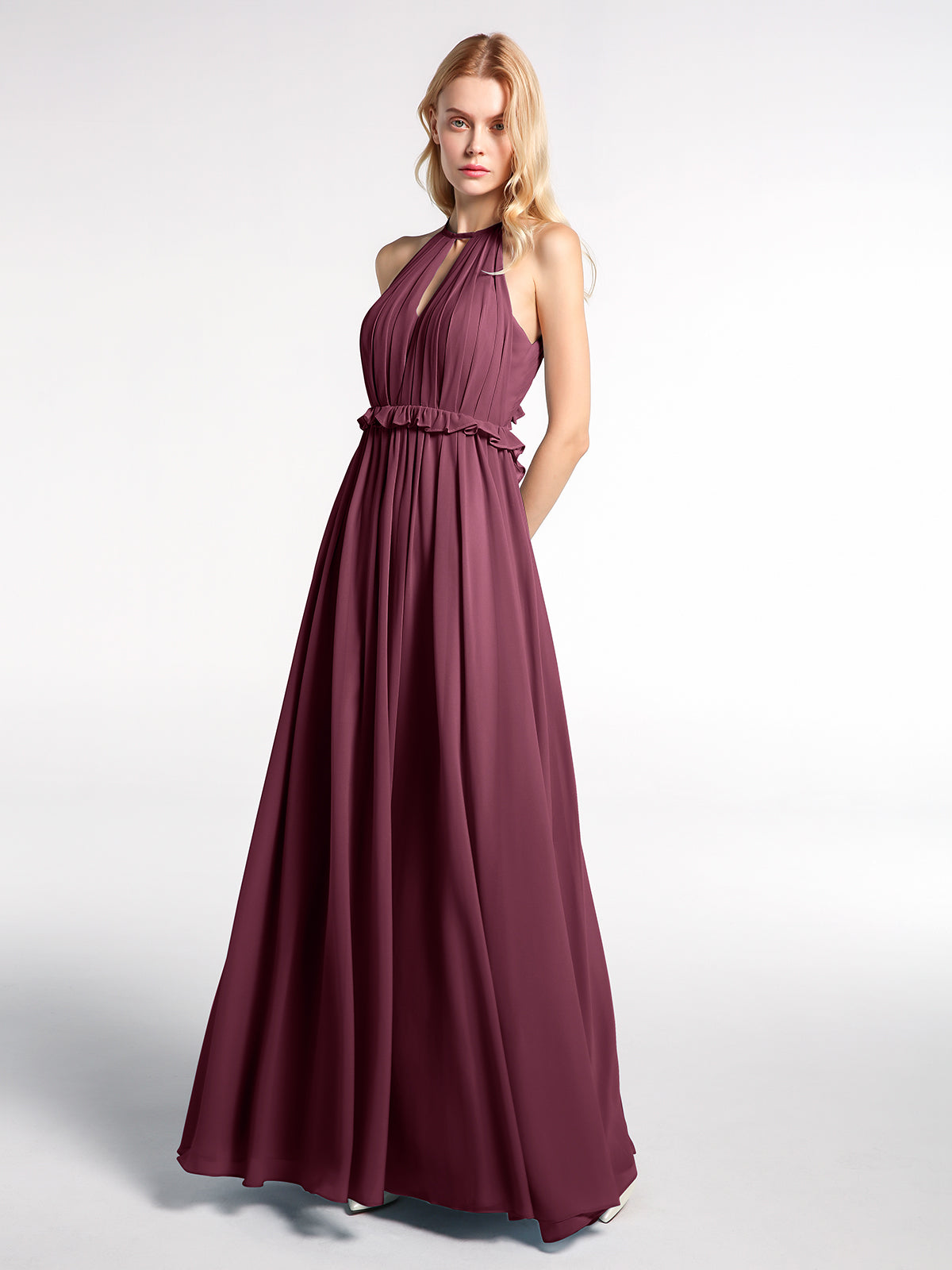 Keyhole Neckline Open Back Chiffon Max Long Dress Mulberry- Blanche ...