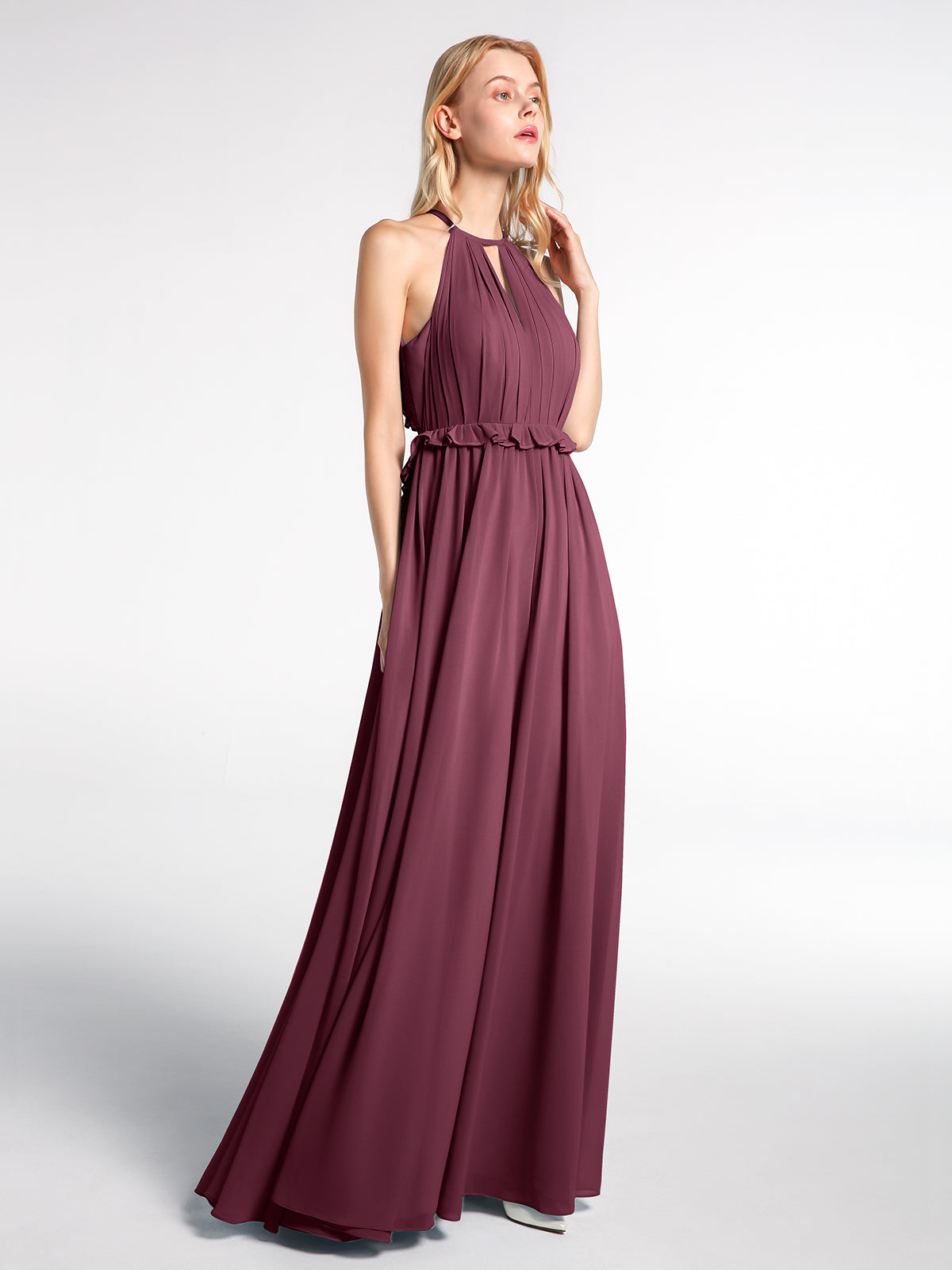 Keyhole Neckline Open Back Chiffon Max Long Dress Mulberry- Blanche ...