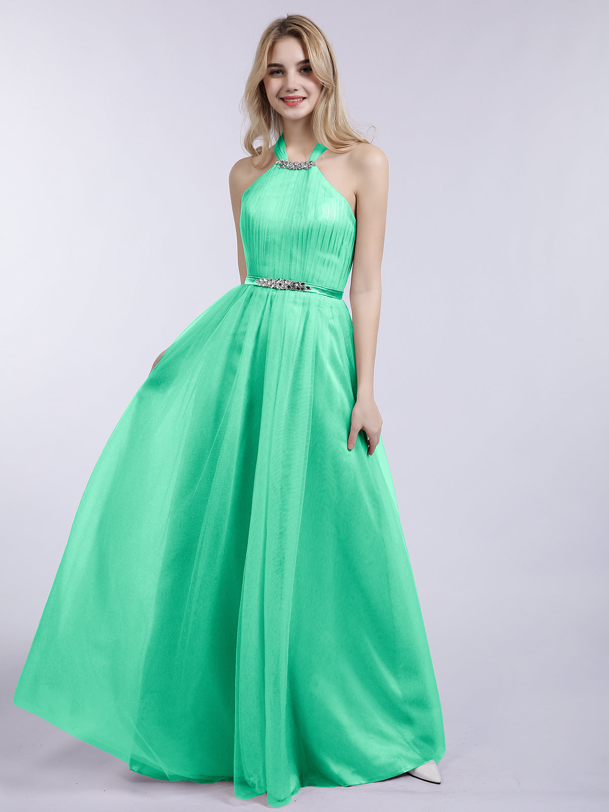 Halter Tulle with Beaded Long Dress Turquoise Plus Size – BABARONI