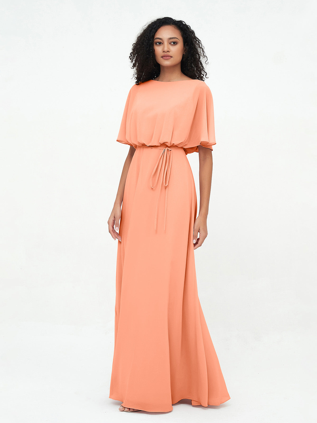 BABARONI Chiffon Papaya Bridesmaid Dresses Bateau Floor-length Flutter ...