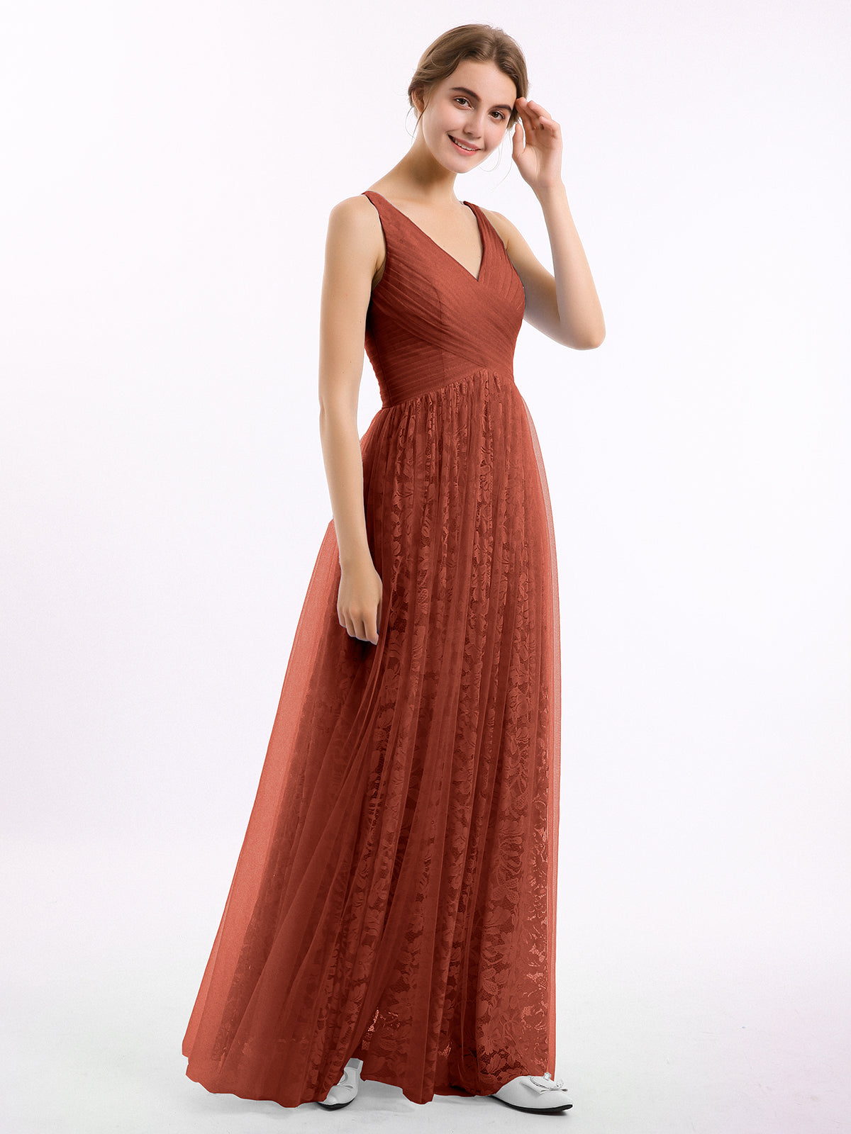 V neck Lace Lining And Tulle Dresses Rust- Bryony | BABARONI