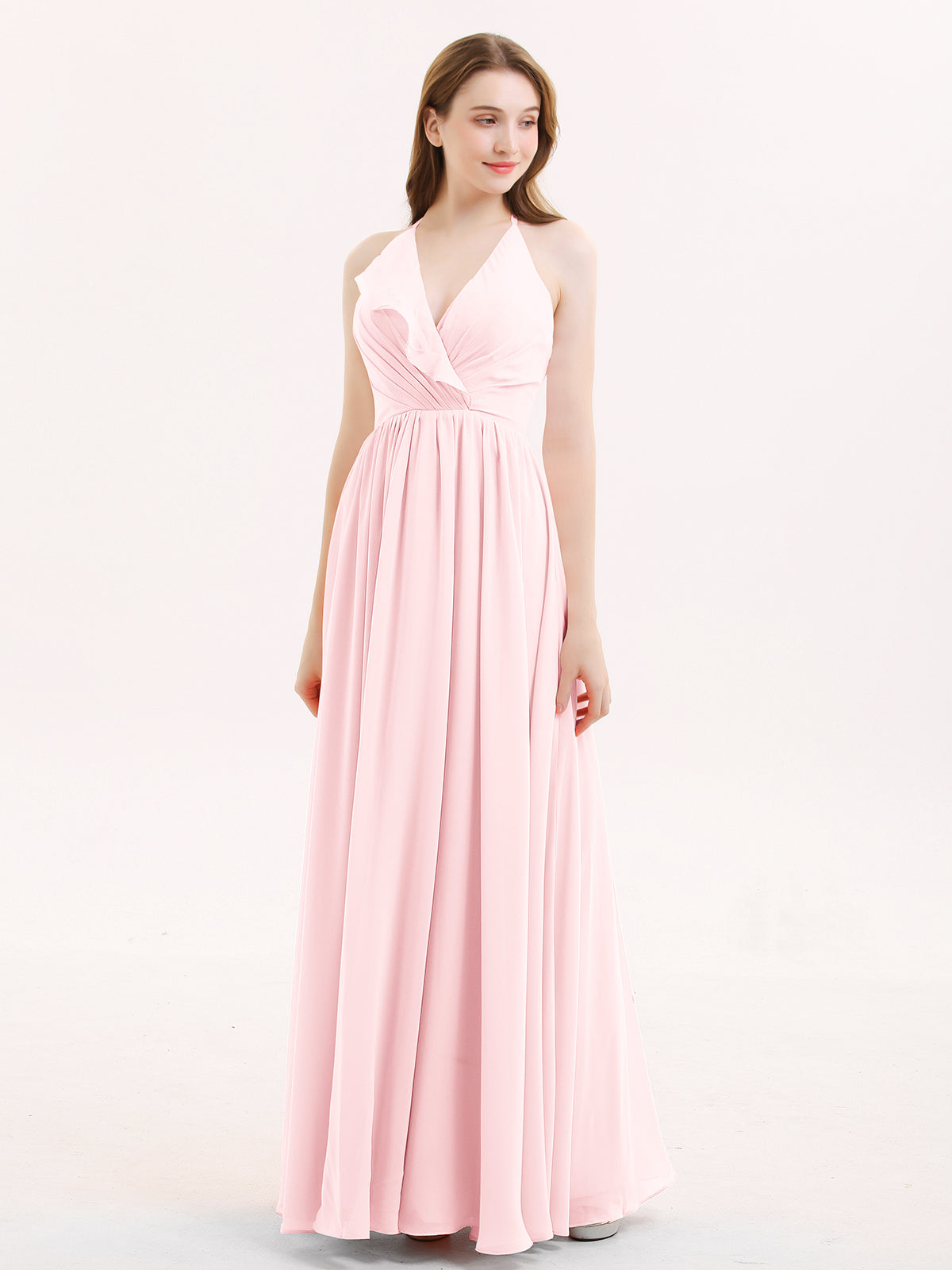 V Neck Full Length Chiffon Bridesmaid Dress Blushing Pink Plus Size ...