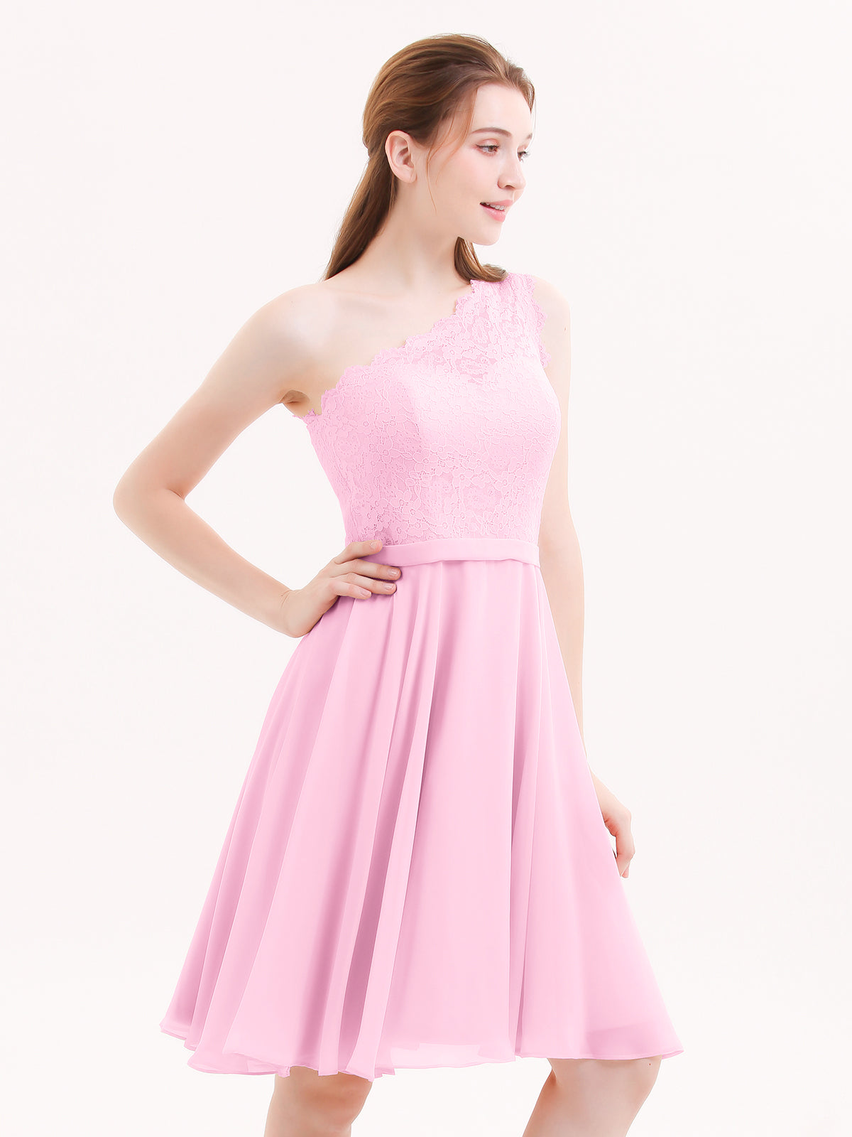 One Shoulder Short Lace Bridesmaid Dress Candy Pink – BABARONI