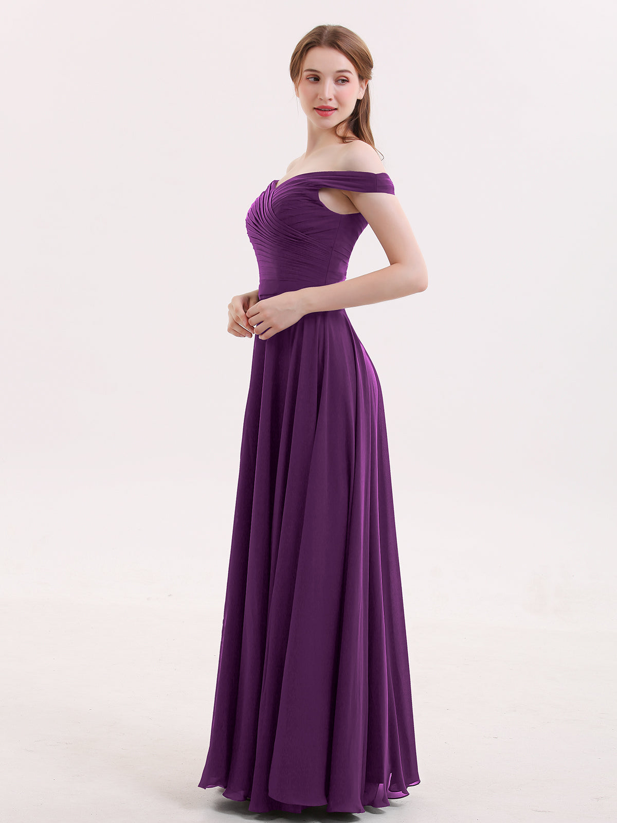 Off Shoulder Full Length Chiffon Dress Grape- Christine | BABARONI