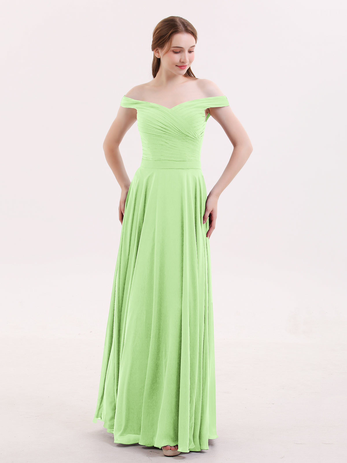 BABARONI Chiffon Sage Bridesmaid Dresses Off-the-shoulder Floor-length ...