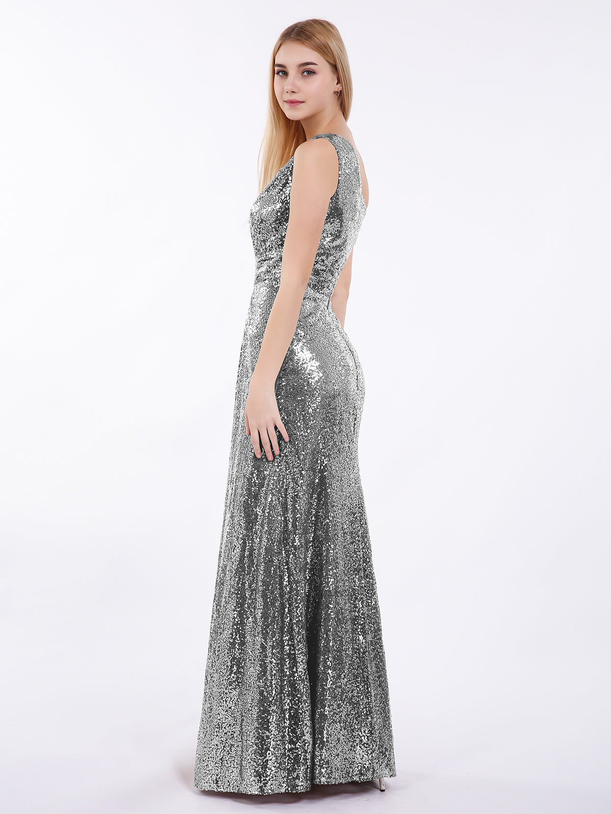 One Shoulder Long Sequins Gown Silver- Claire | BABARONI