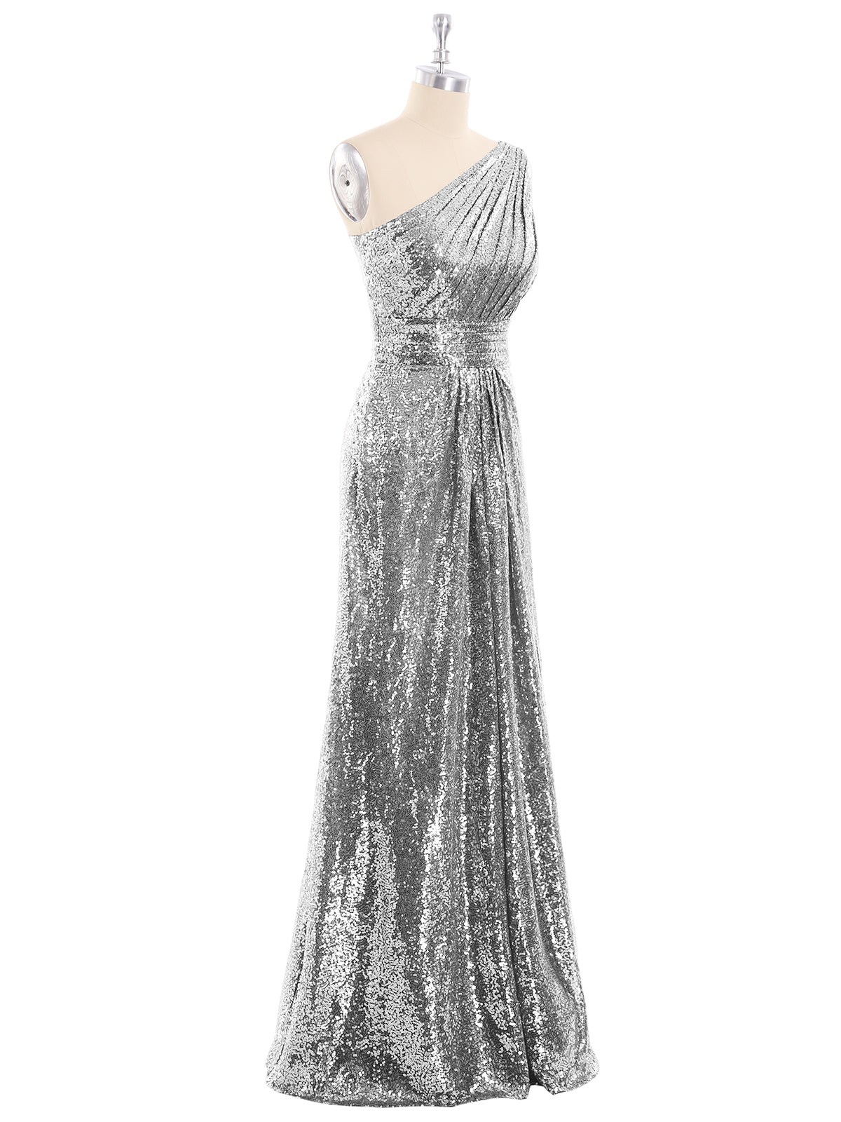 One Shoulder Long Sequins Gown Silver- Claire | BABARONI