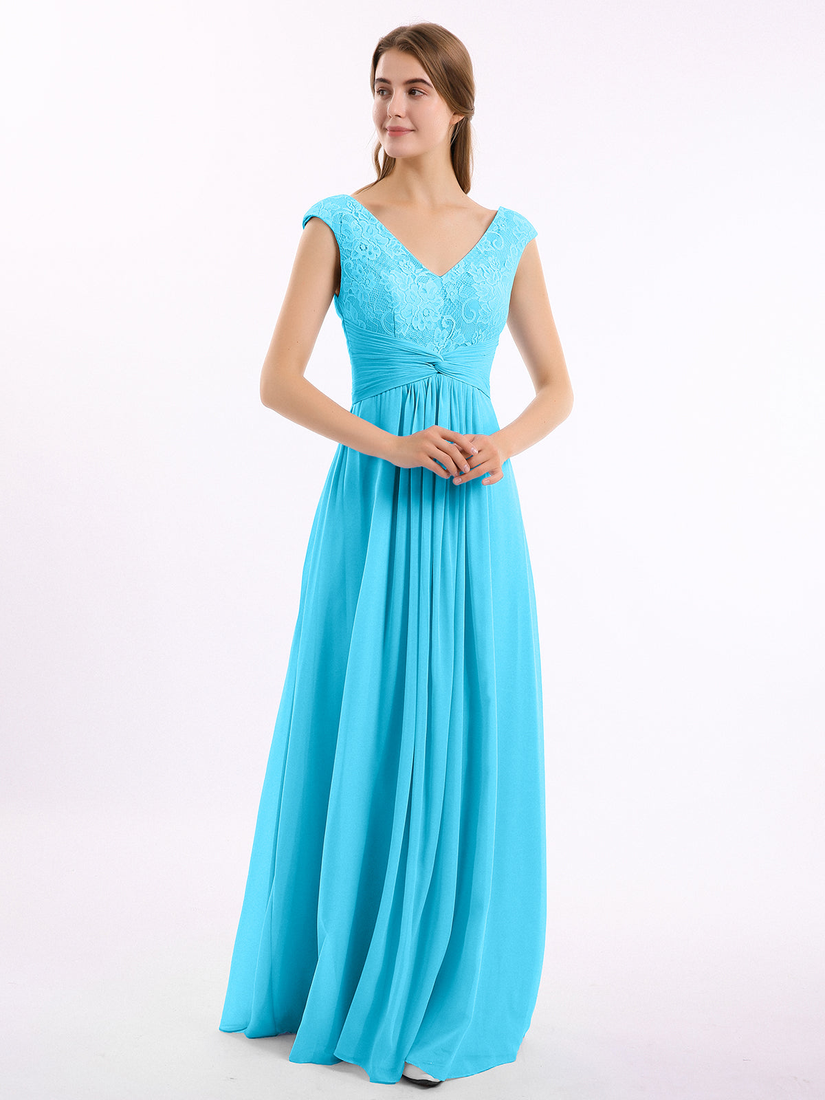 BABARONI Chiffon Pool Bridesmaid Dresses V-neck Floor-length Cap Sleeve ...