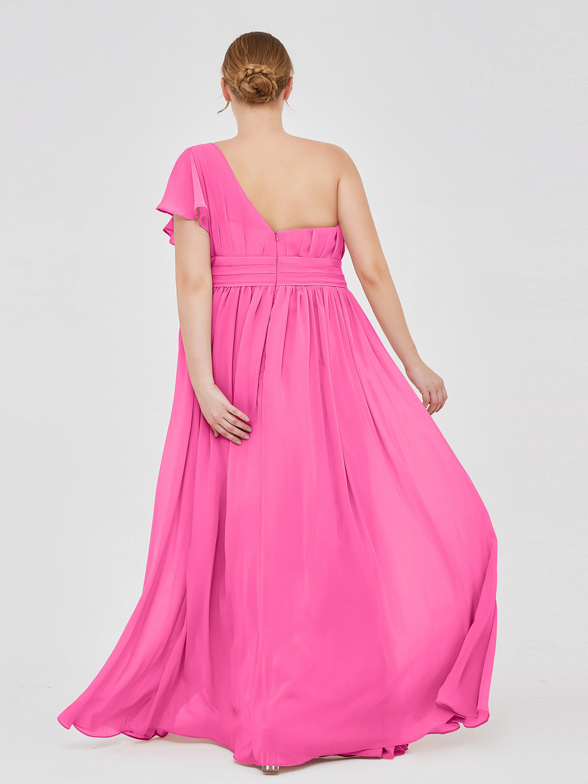 Clementine One Shoulder Flutter Sleeve Chiffon Gown Azalea | BABARONI