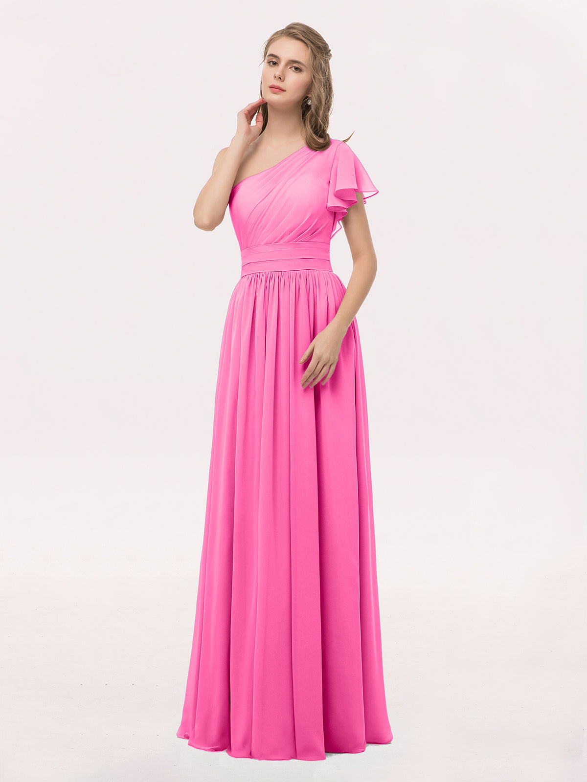 Clementine One Shoulder Flutter Sleeve Chiffon Gown Azalea | BABARONI