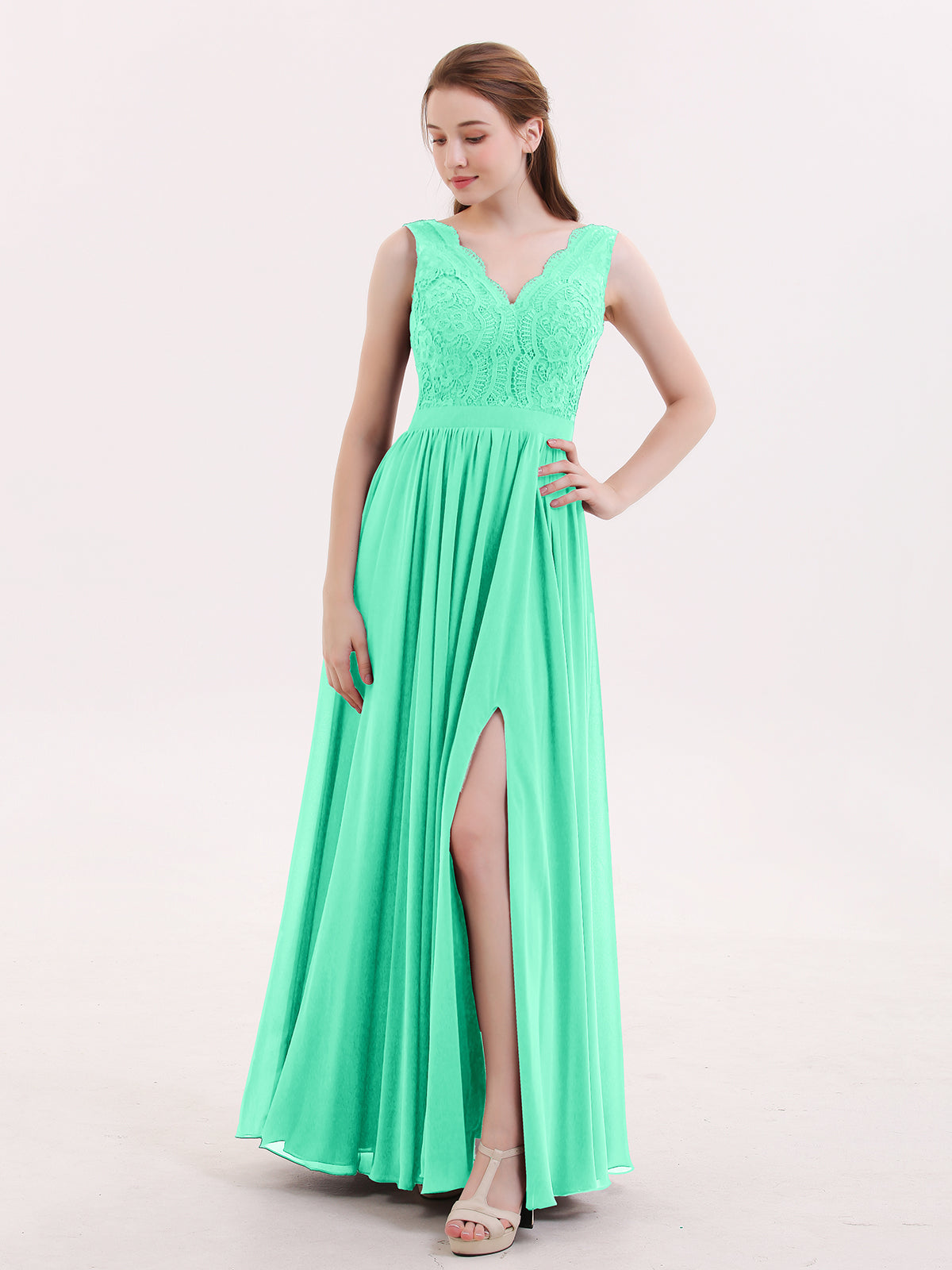 Lace and Chiffon Sexy Dress with Slit Turquoise Plus Size – BABARONI