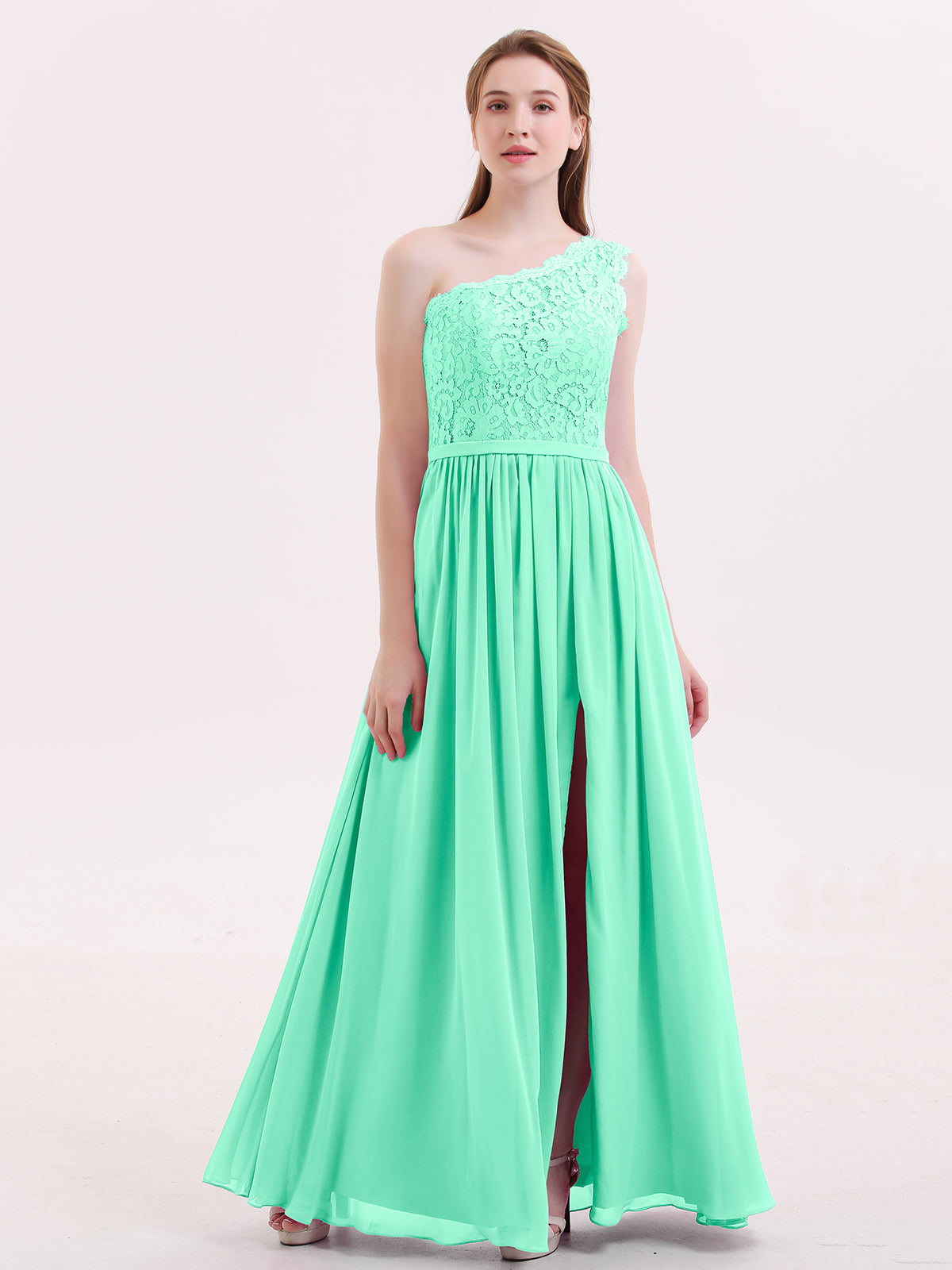 One Shoulder Chiffon And Lace Dress with Slit Turquoise Plus Size ...
