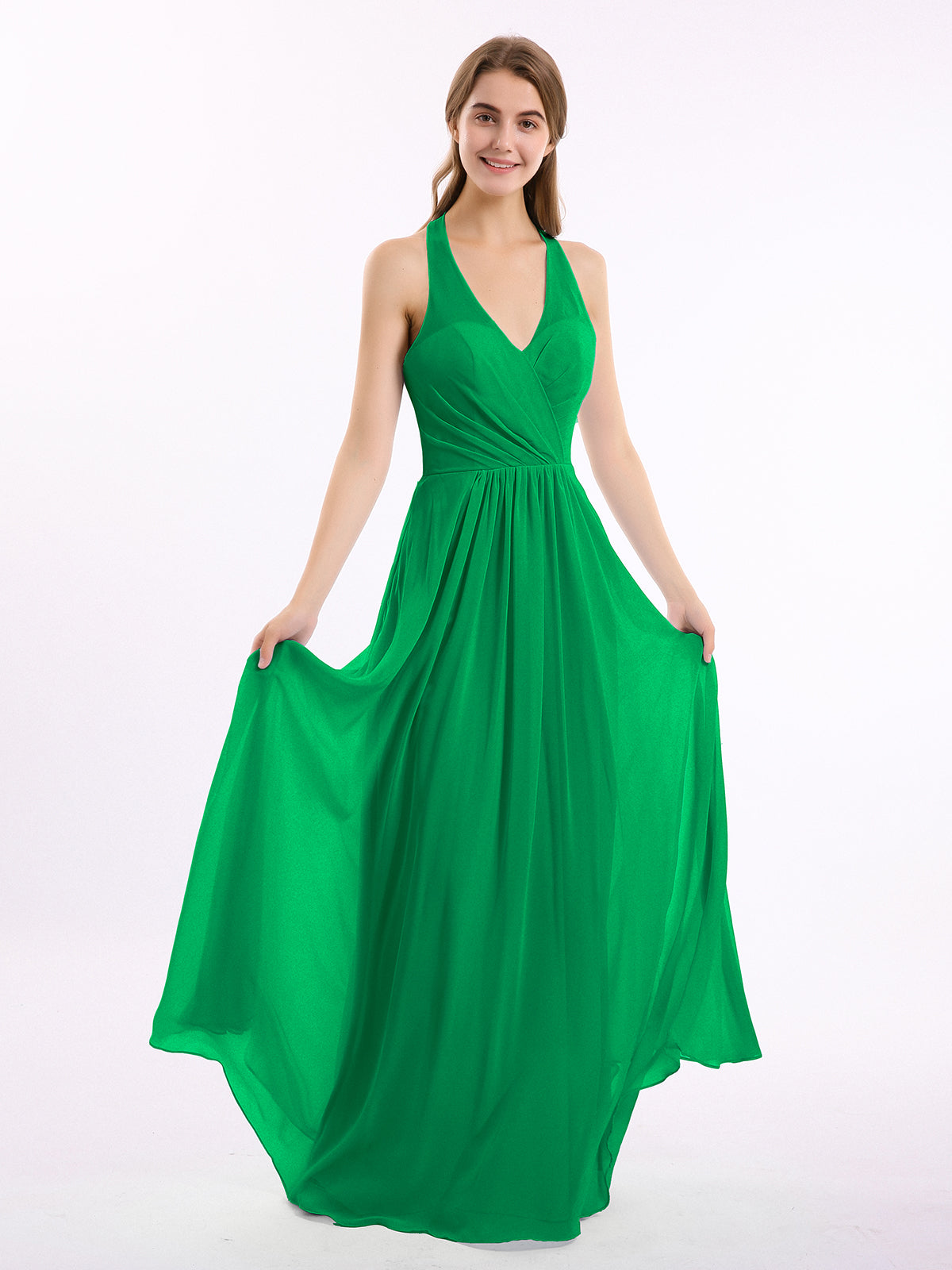 BABARONI Chiffon Emerald Bridesmaid Dresses Halter Floor-length ...