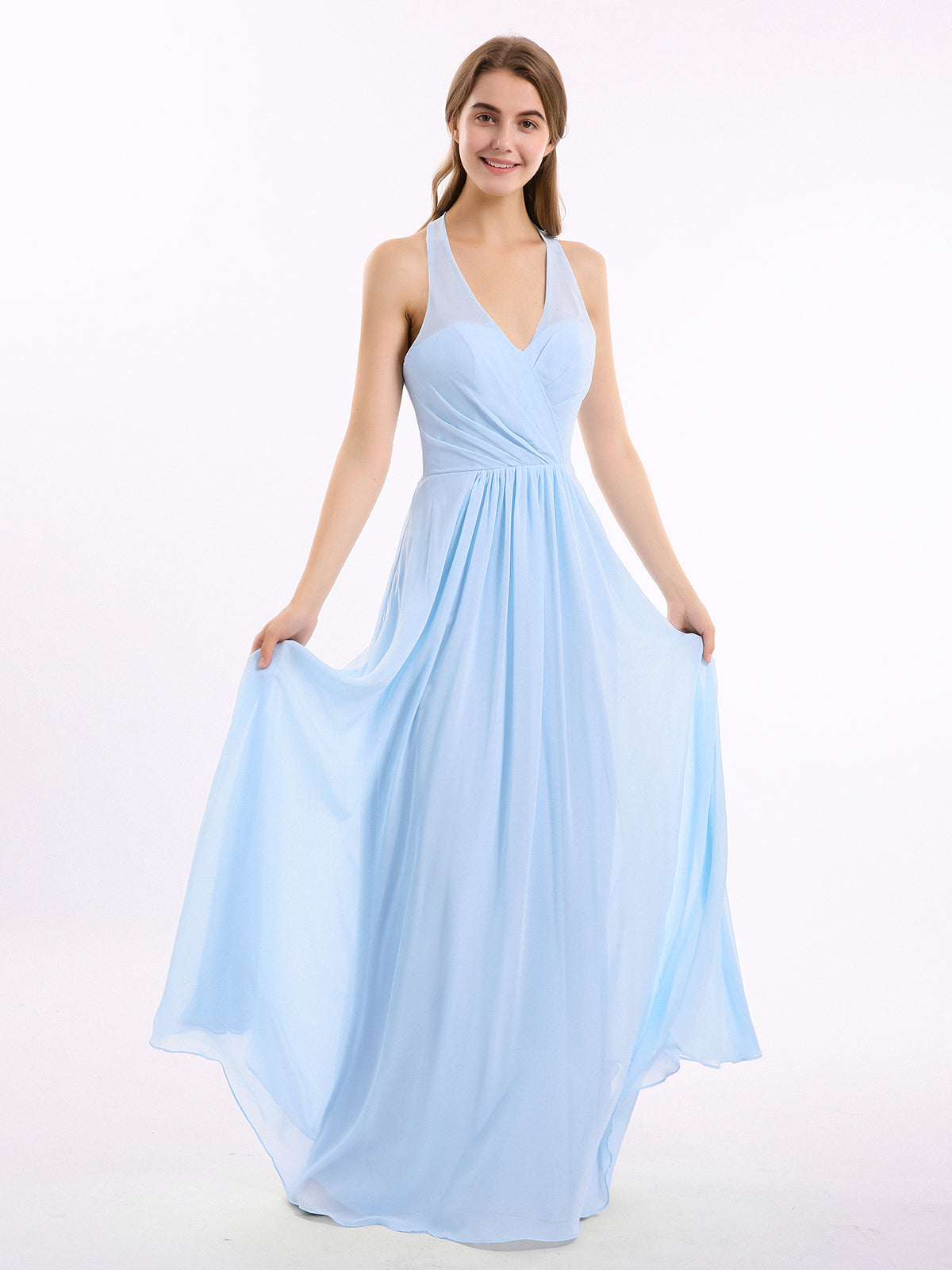 BABARONI Chiffon Sky Blue Bridesmaid Dresses Halter Floor-length ...