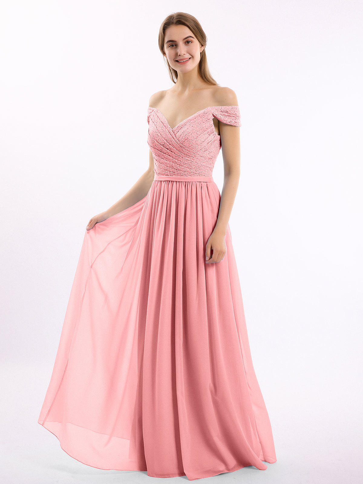 BABARONI Chiffon Flamingo Bridesmaid Dresses Off-the-shoulder Floor ...