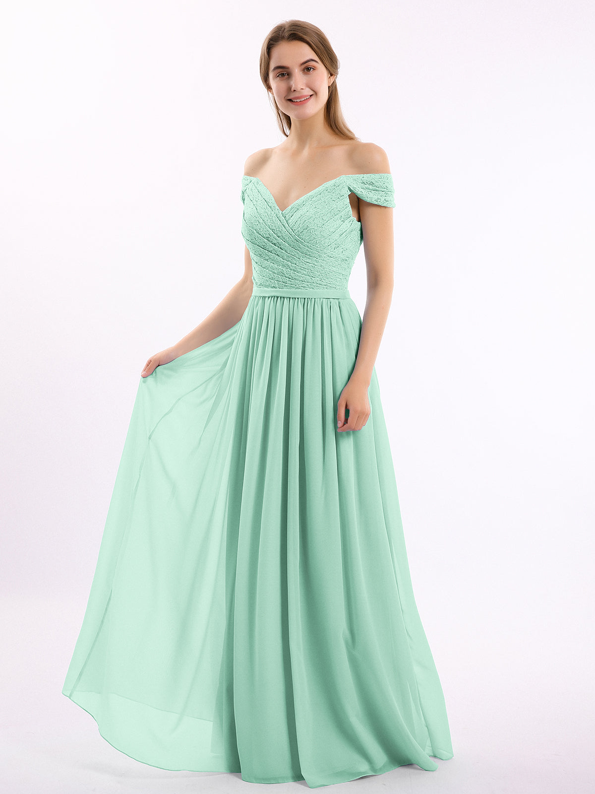 BABARONI Chiffon Mint Green Bridesmaid Dresses Off-the-shoulder Floor ...