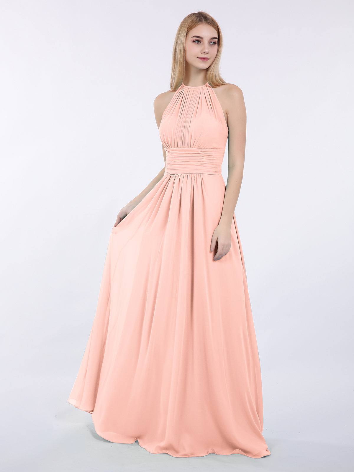 BABARONI Chiffon Coral Bridesmaid Dresses Halter Floor-length ...