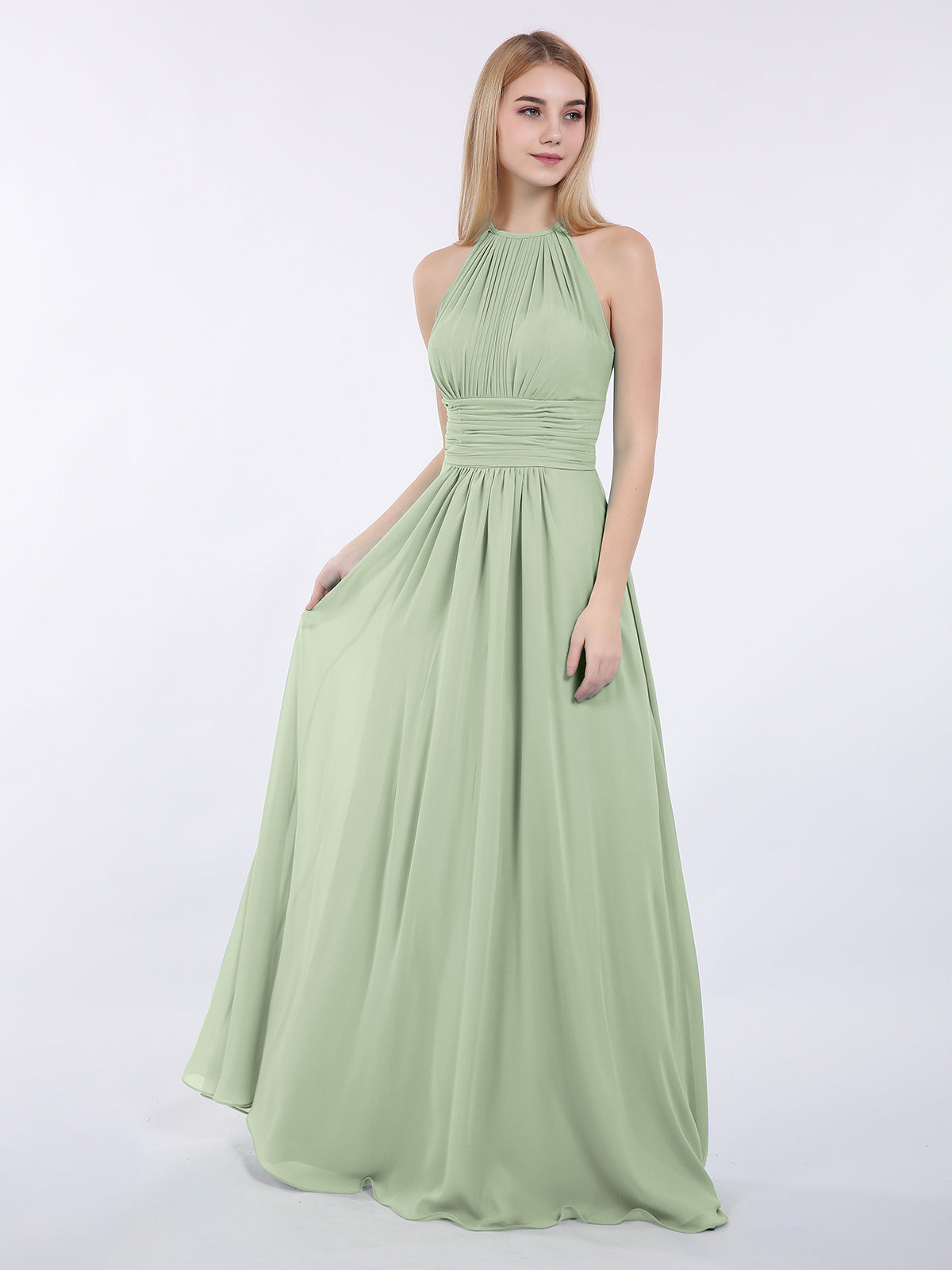 Halter Chiffon Maxi Dress of Bridesmaid Dusty Sage – BABARONI
