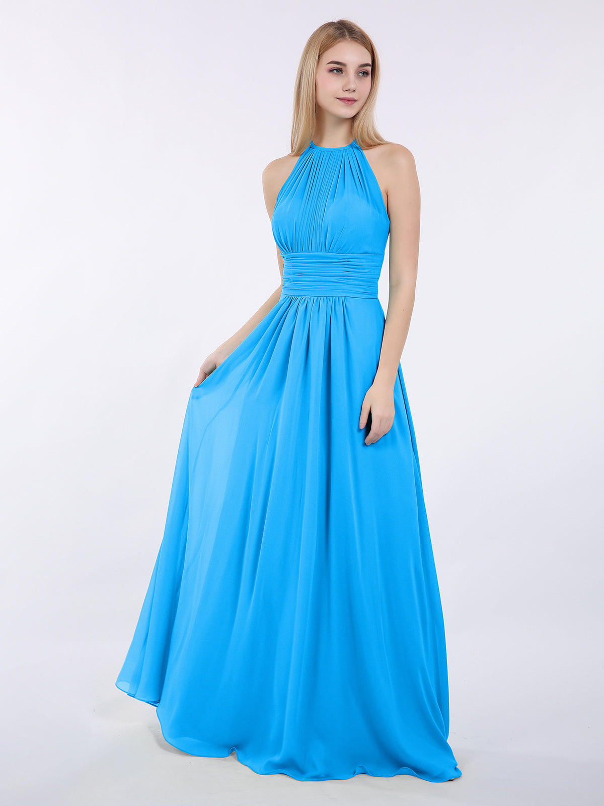 Halter Chiffon Maxi Dress of Bridesmaid Ocean Blue – BABARONI