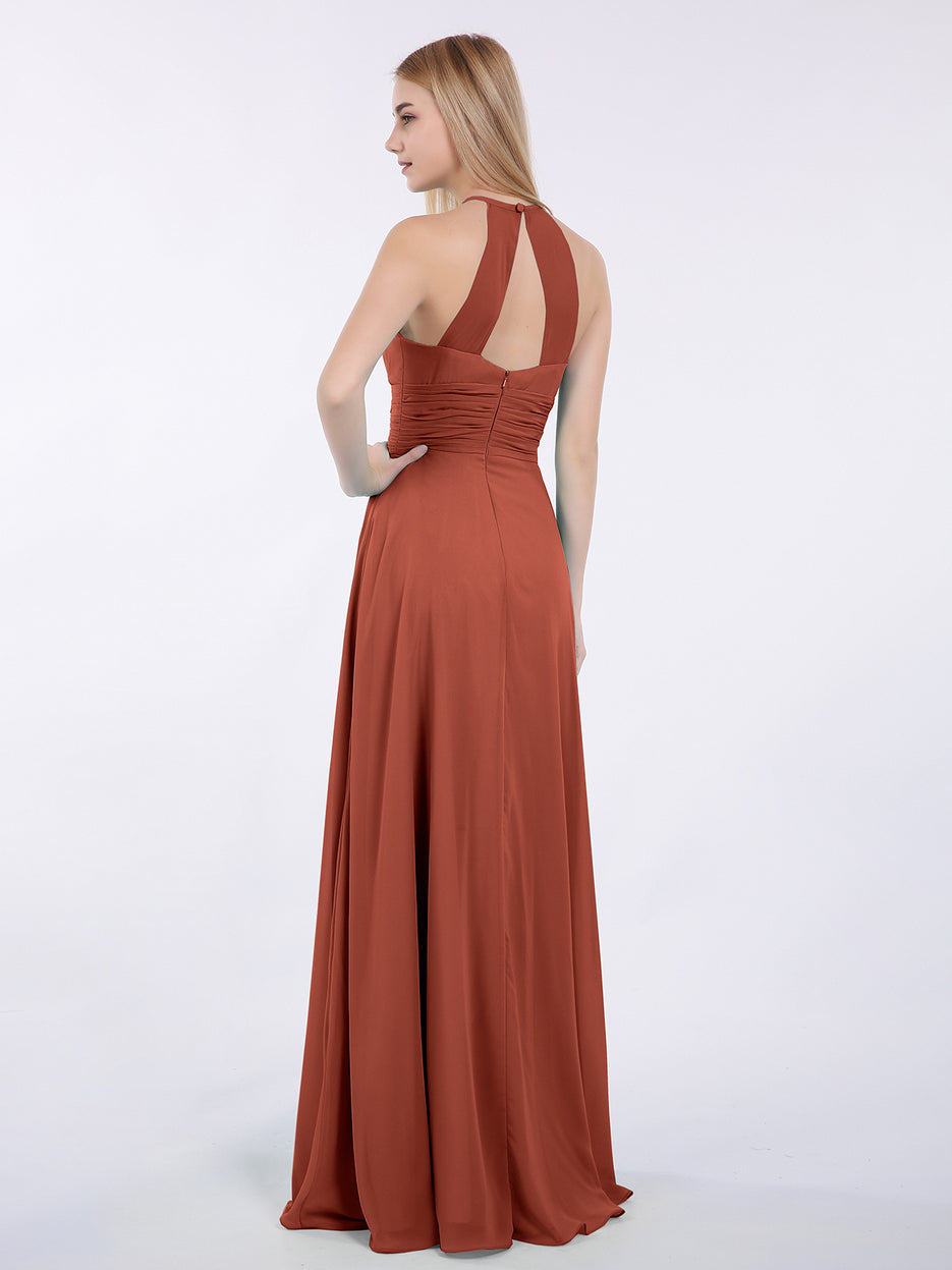 BABARONI Chiffon Rust Bridesmaid Dresses Halter Floor-length Sleeveless ...