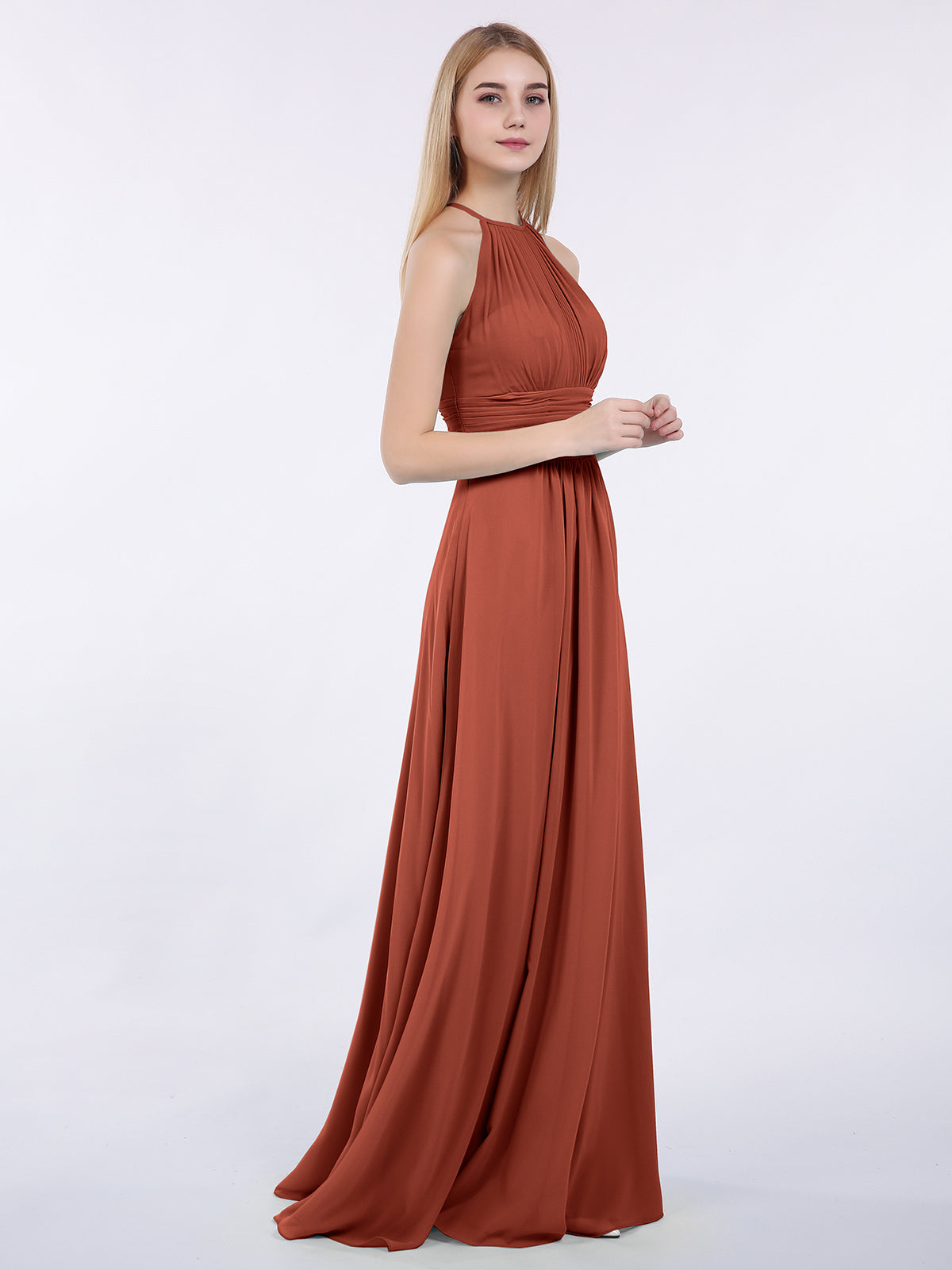 BABARONI Chiffon Rust Bridesmaid Dresses Halter Floor-length Sleeveless ...