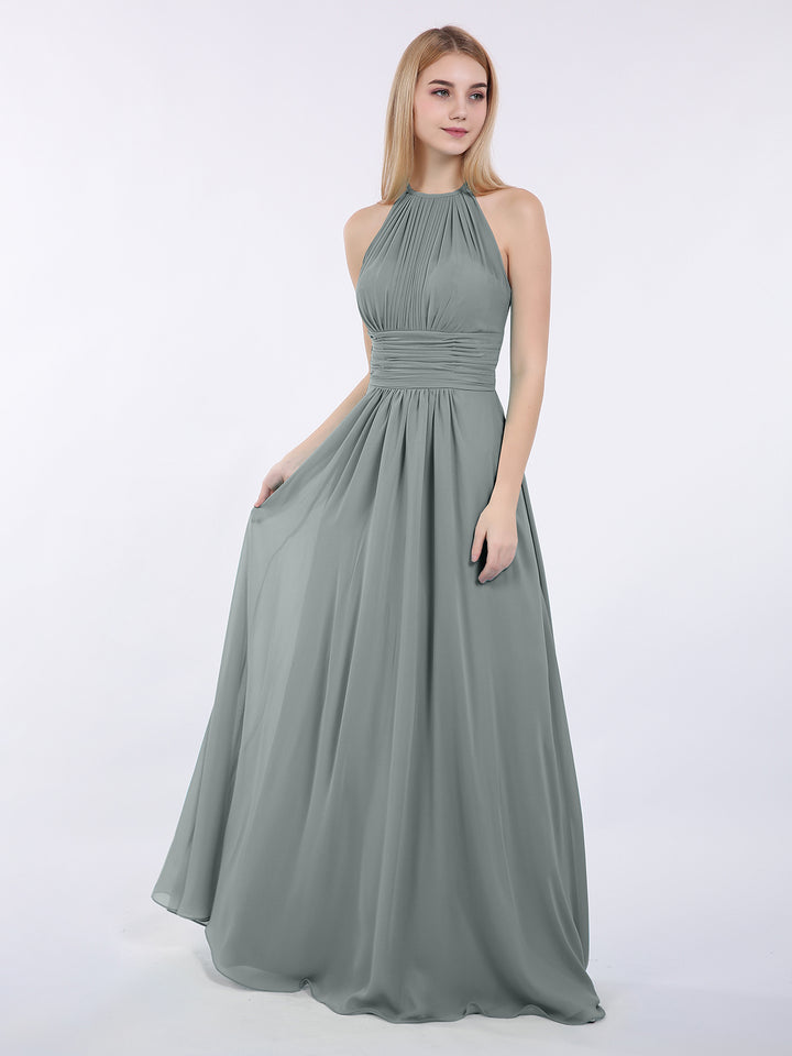 Halter Chiffon Maxi Dress of Bridesmaid Steel Grey – BABARONI