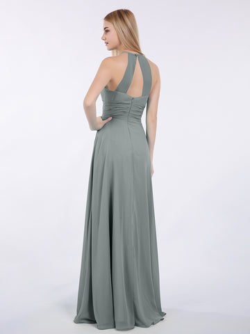 Halter Chiffon Maxi Dress of Bridesmaid Steel Grey – BABARONI