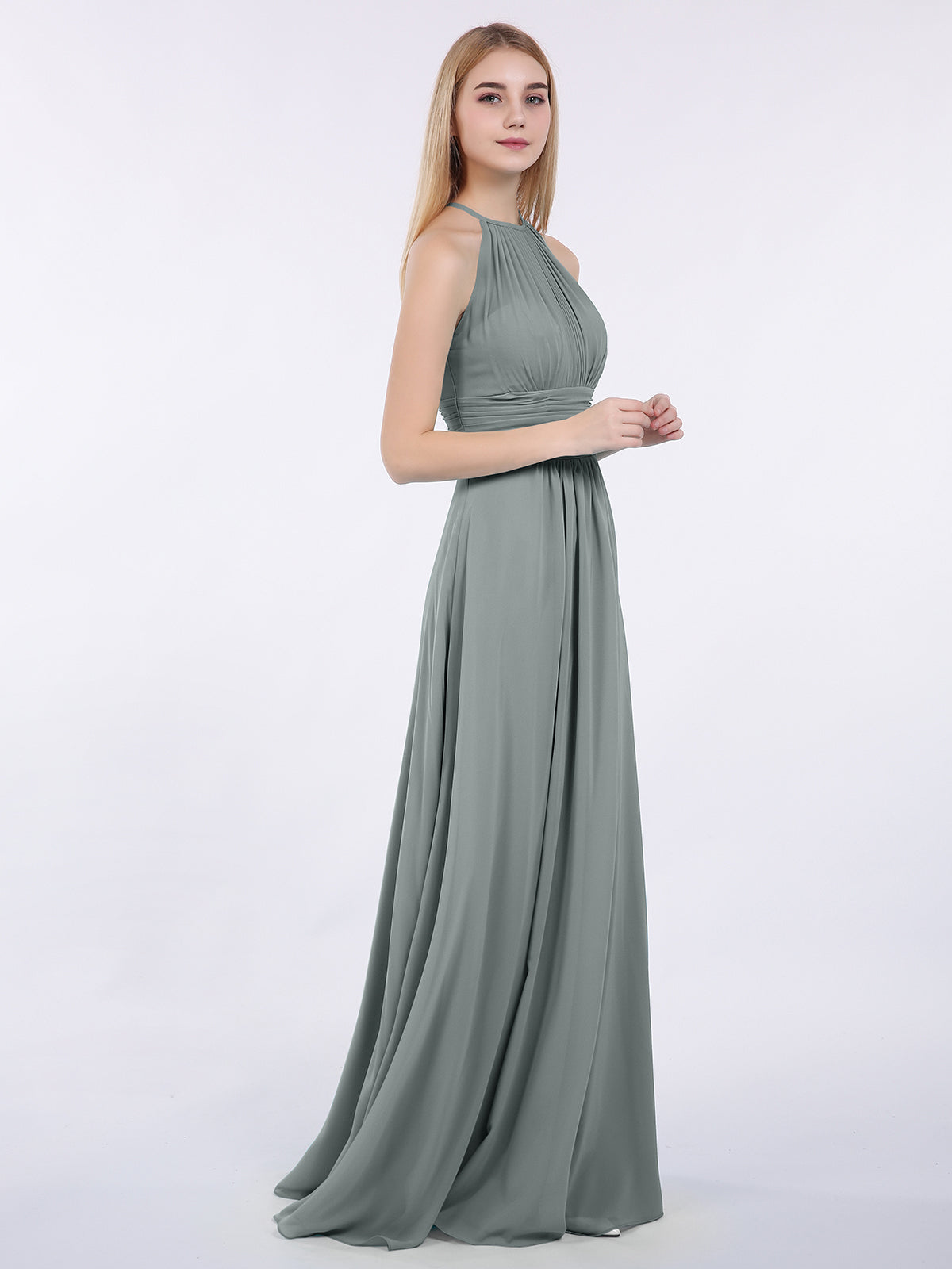 BABARONI Chiffon Steel Grey Bridesmaid Dresses Halter Floor-length ...