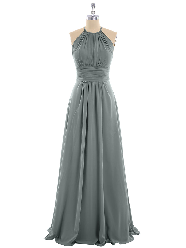 BABARONI Chiffon Steel Grey Bridesmaid Dresses Halter Floor-length ...
