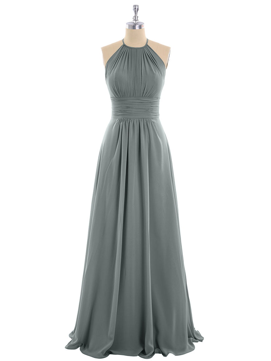 BABARONI Chiffon Steel Grey Bridesmaid Dresses Halter Floor-length ...