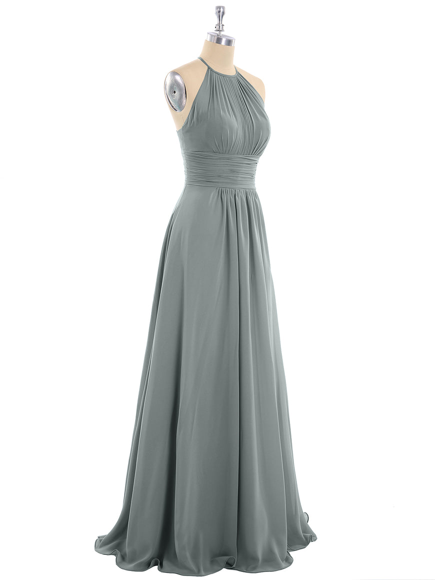BABARONI Chiffon Steel Grey Bridesmaid Dresses Halter Floor-length ...